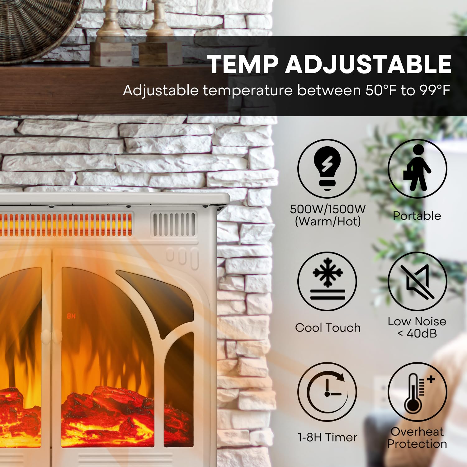 Electric Fireplace Stove Heater with 3D Flame Effect Portable Indoor 23" Freestanding Fireplace 500W/1500W