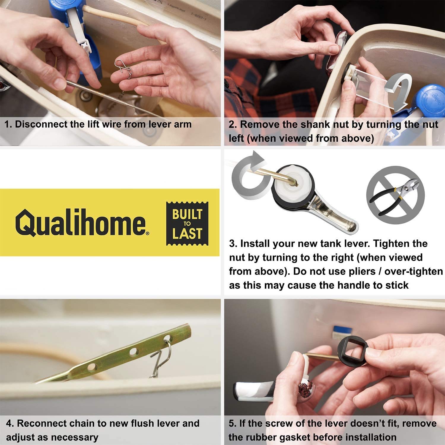 Qualihome White Toilet Tank Flush Lever Handle, Universal Front Mount with Nut Lock, Fits Most Toilets