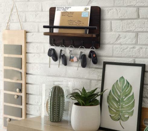 Rustic Wooden Shelf for Key Storage, Decorative Key Hanging Rack with 4 Double Hooks, Easy Install Natural Wooden Key and Mail Holder for Wall Mount – Entryway Decor