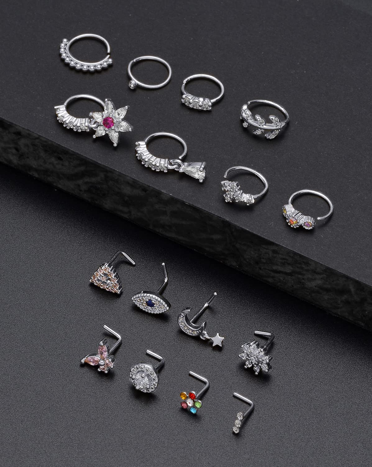 Fxiqini 16Pcs Dangle Nose Rings Stud L Shape Nose Studs Stainless Steel Nose Ring Hoop Butterfly Evil Eye Heart Cross Star Waterdrop Leaf Moon Snowflake Opal Shiny CZ Shape Dangling Nostril Nose