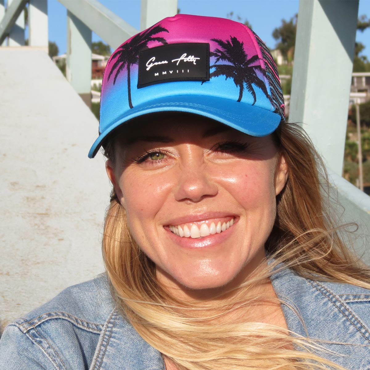 Grace Folly Foam Trucker Hat Snapback Mesh Baseball Cap for Men or Women (Palm- Pink & Teal)