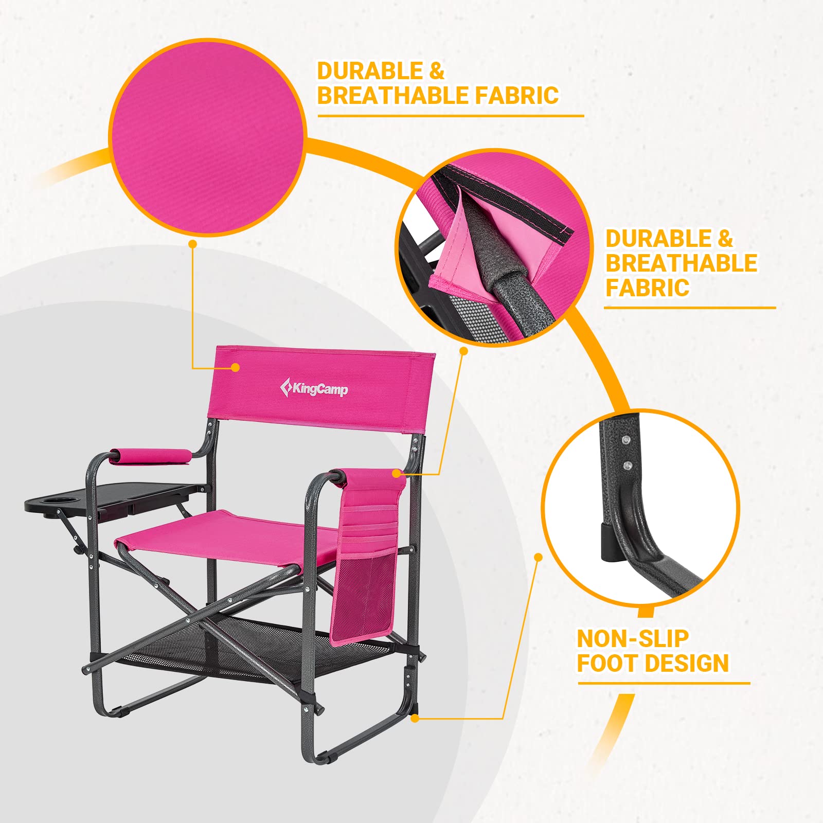 KingCamp Directors Side Table Heavy Duty Support 300LBS Adults with Pockets Outdoor Portable Folding Camp Chair for Beach, Fishing,Trip,Picnic,Lawn,Concert, Oversized, 1-Pink