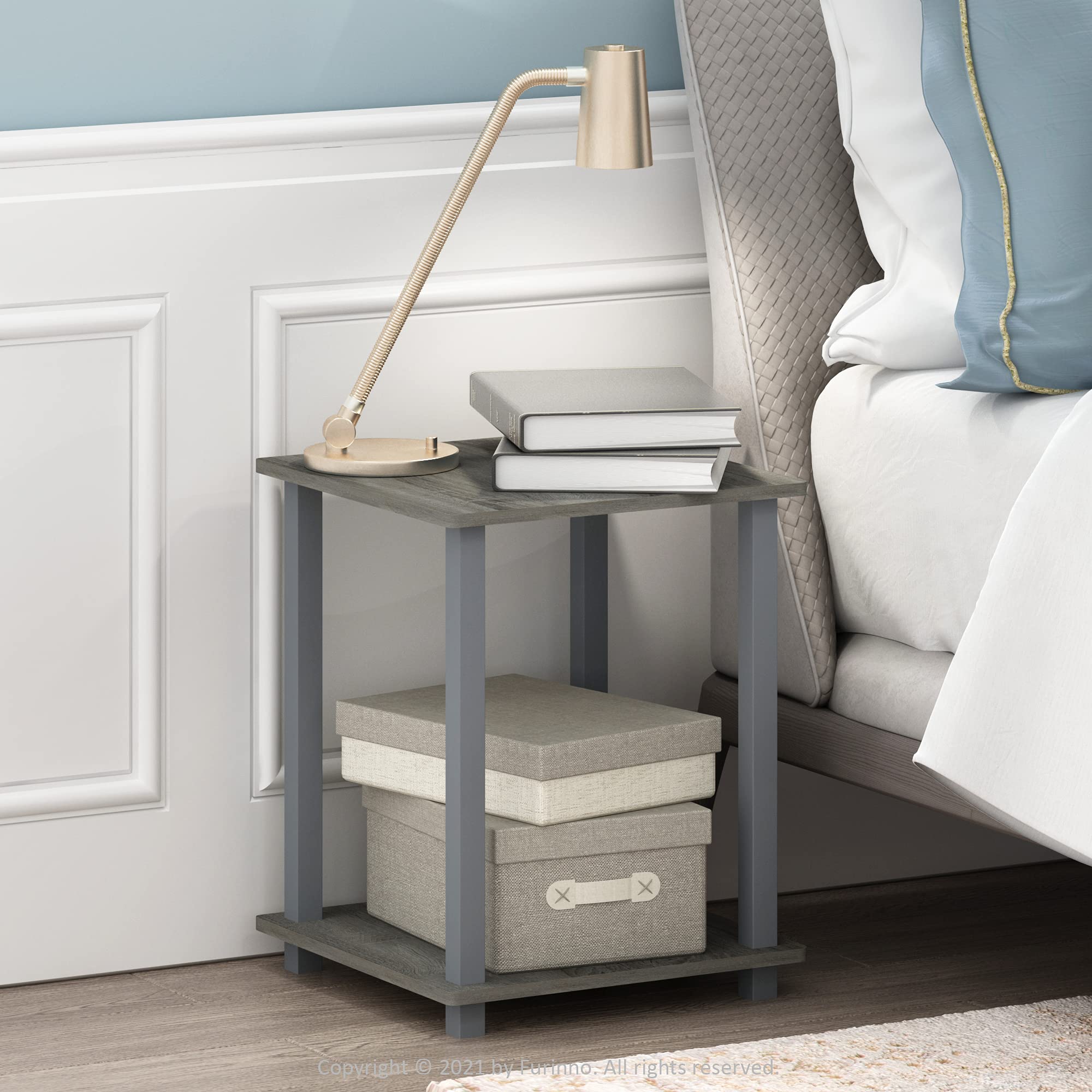 Furinno Basic 3-Tier Bookcase + 2 End Tables – Storage Shelving Unit and Nightstands in French Oak Grey
