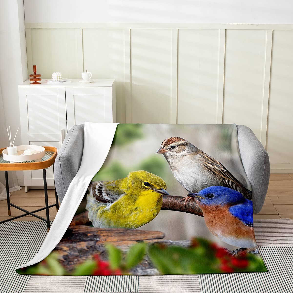 Erosebridal Chickadee Throw Blanket, Sparrow Birds Fleece Blanket for Bedroom Living Room Decor, Spring Branches Botanical Fuzzy Blanket, Fluffy Warm Soft Flannel Blanket, Throw Size