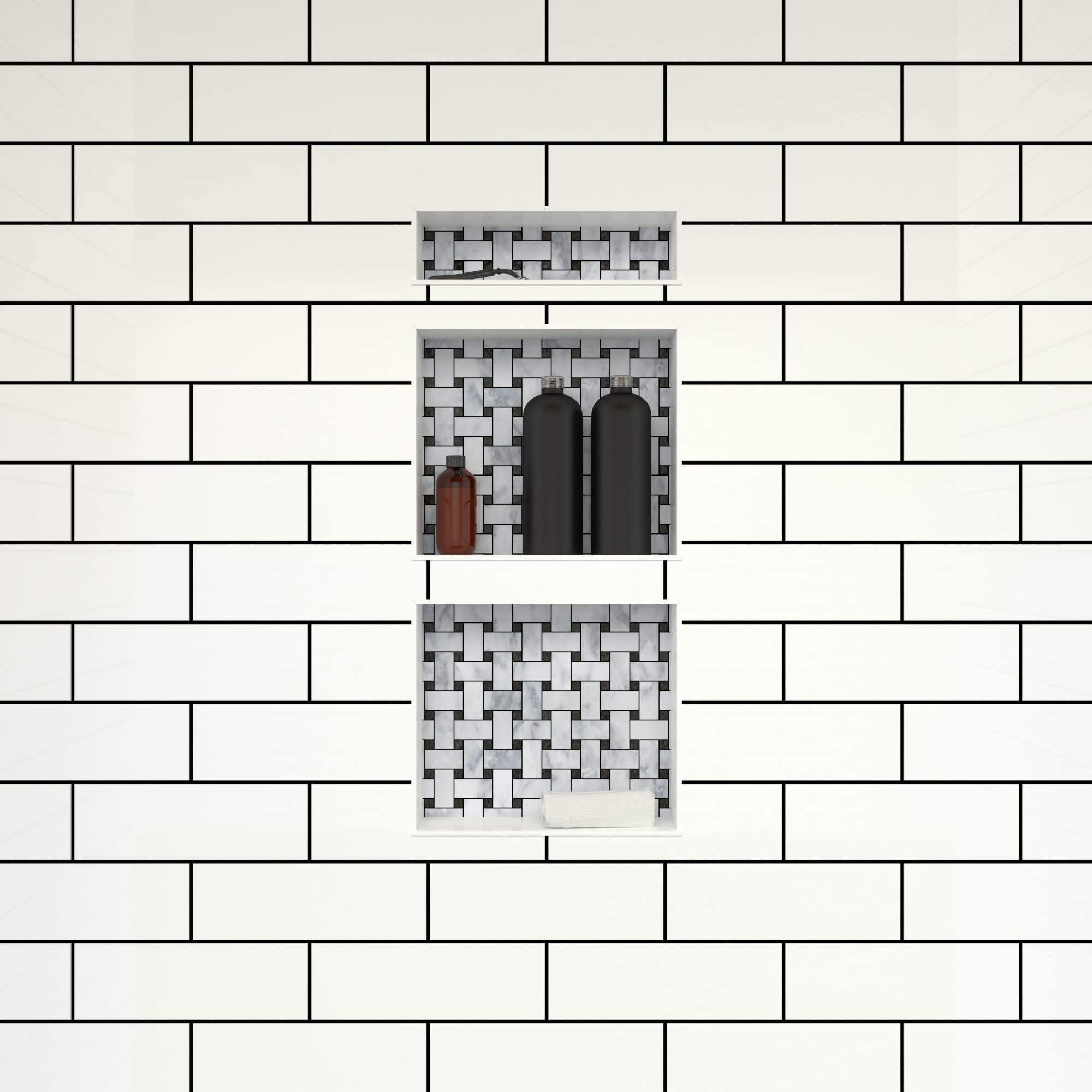 Redi Niche Triple Niche Recessed Shower Shelf- Black, Three Inner Shelves, 16-Inch Width x 34-Inch Height x 4-Inch Depth