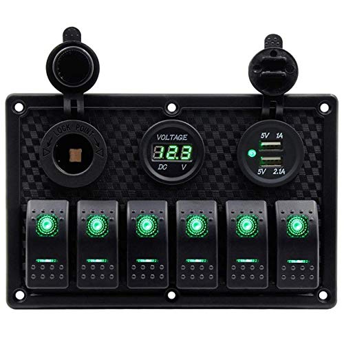 GIDREN 6 Gang Waterproof Rocker Switch Panel with DC 5V 3.1A Dual USB Charger Digital Voltmeter Display DC 12V Power Socket for Car Marine Boat RV Vehicle Truck (6 Gang Green)