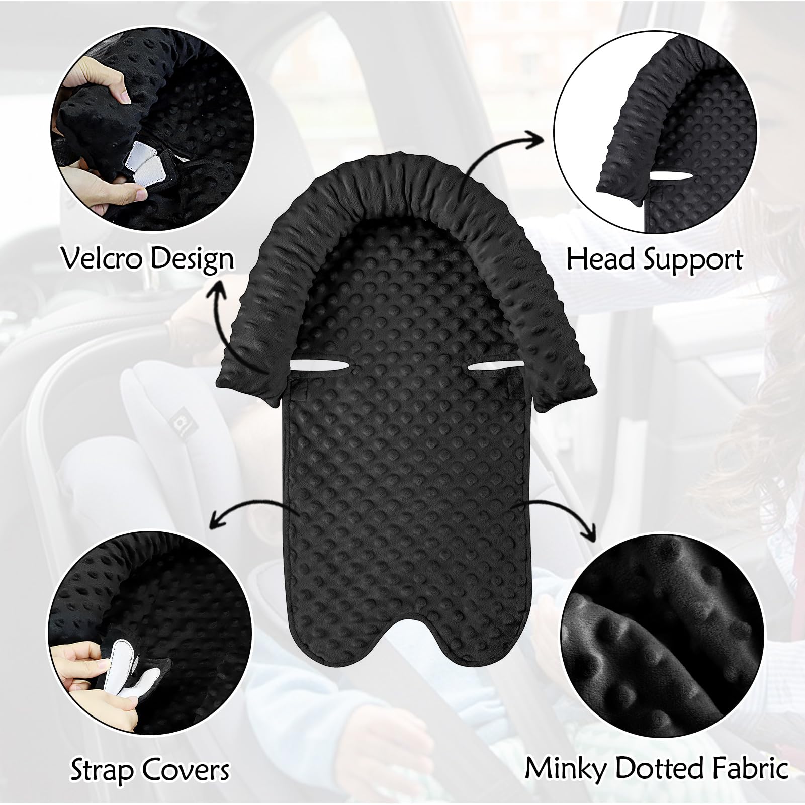 Jundetye Car Seat Head Support Infant, Baby Head Support with Strap Covers for Girls Boys, Soft Minky Carseat Headrest for Strollers, Pink