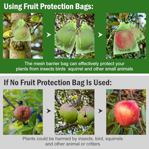 June Fox 50 Pcs Fruit Protection Bags 6x9 inch, Fruit Netting Cover Bags with Drawstring, Mesh Fruit Protectors Barrier Bags for Mangoes Tomatoes Fruit Trees Veggies Garden (Green)