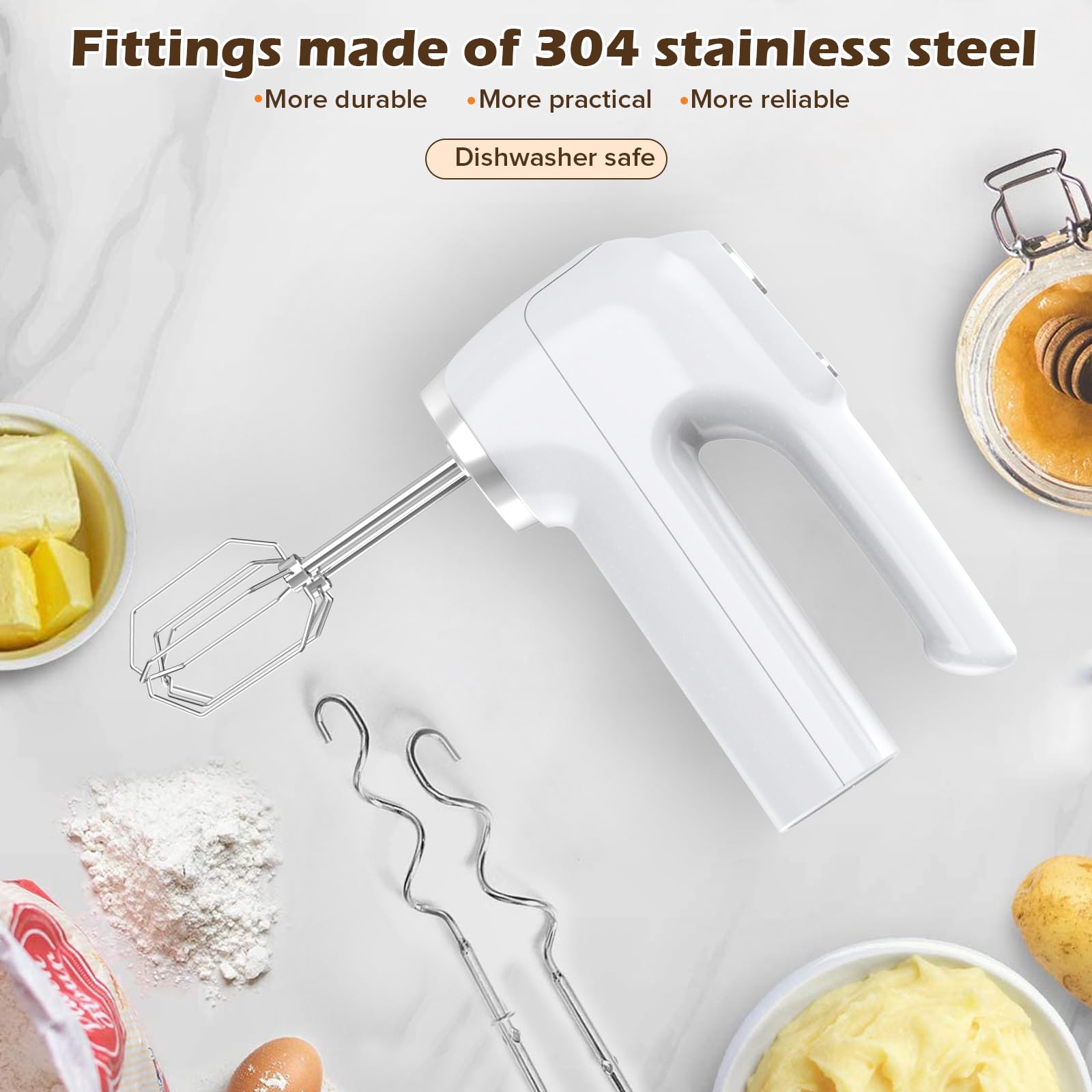 Simivon Rechargeable Hand Mixer - Portable Cordless Electric Mixer with One-Touch Ejector,2 Easy-to-Clean Stainless Steel Dough Hooks,2 Whisks for Easy Whipping, Stirring,Mixing,3 Speed,Pearl White