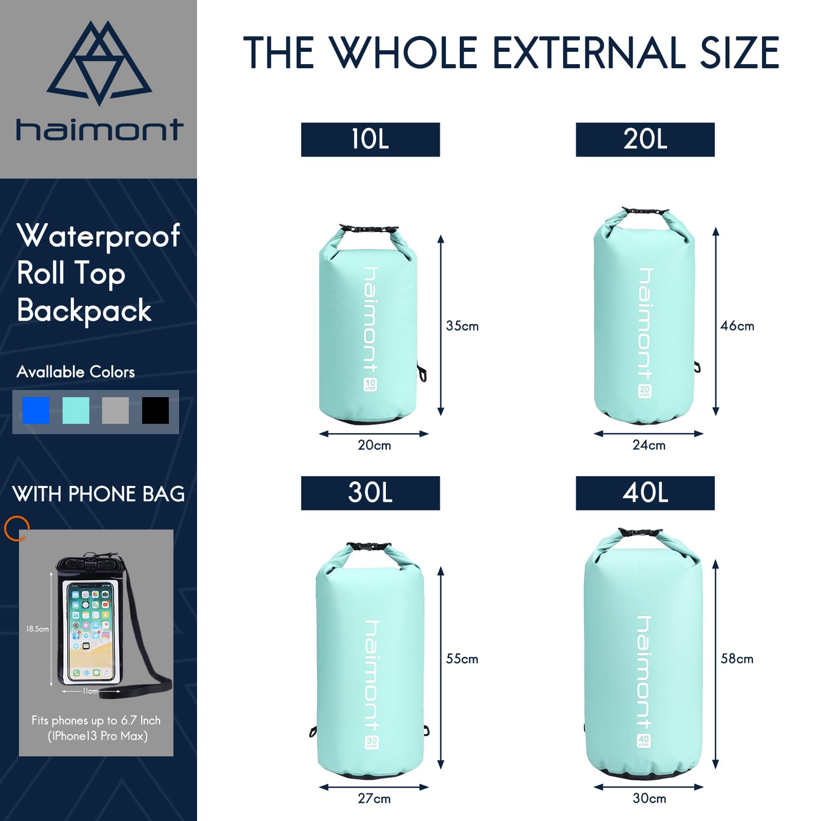 Haimont Waterproof Dry Bag Floating Dry Sack Roll Top Dry Backpack for Kayaking, Rafting, Boating, Fishing with IPX8 Waterproof Phone Case, Aqua Green, 10L