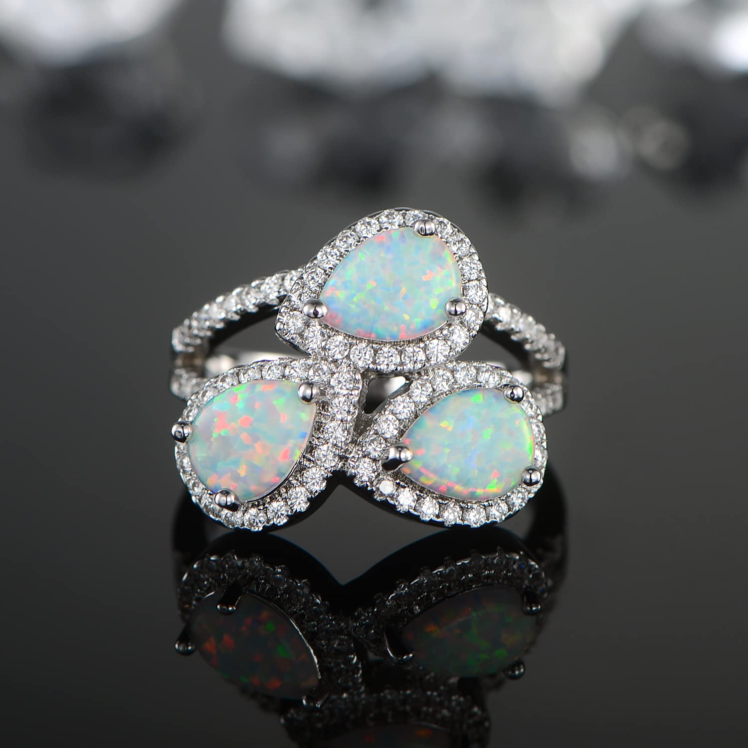 Gemsme Opal Cocktail Ring, 18K White Gold Plated Pear Fire Opal Statement Ring Halo Teardrop Birthstone Ring for Women (6)