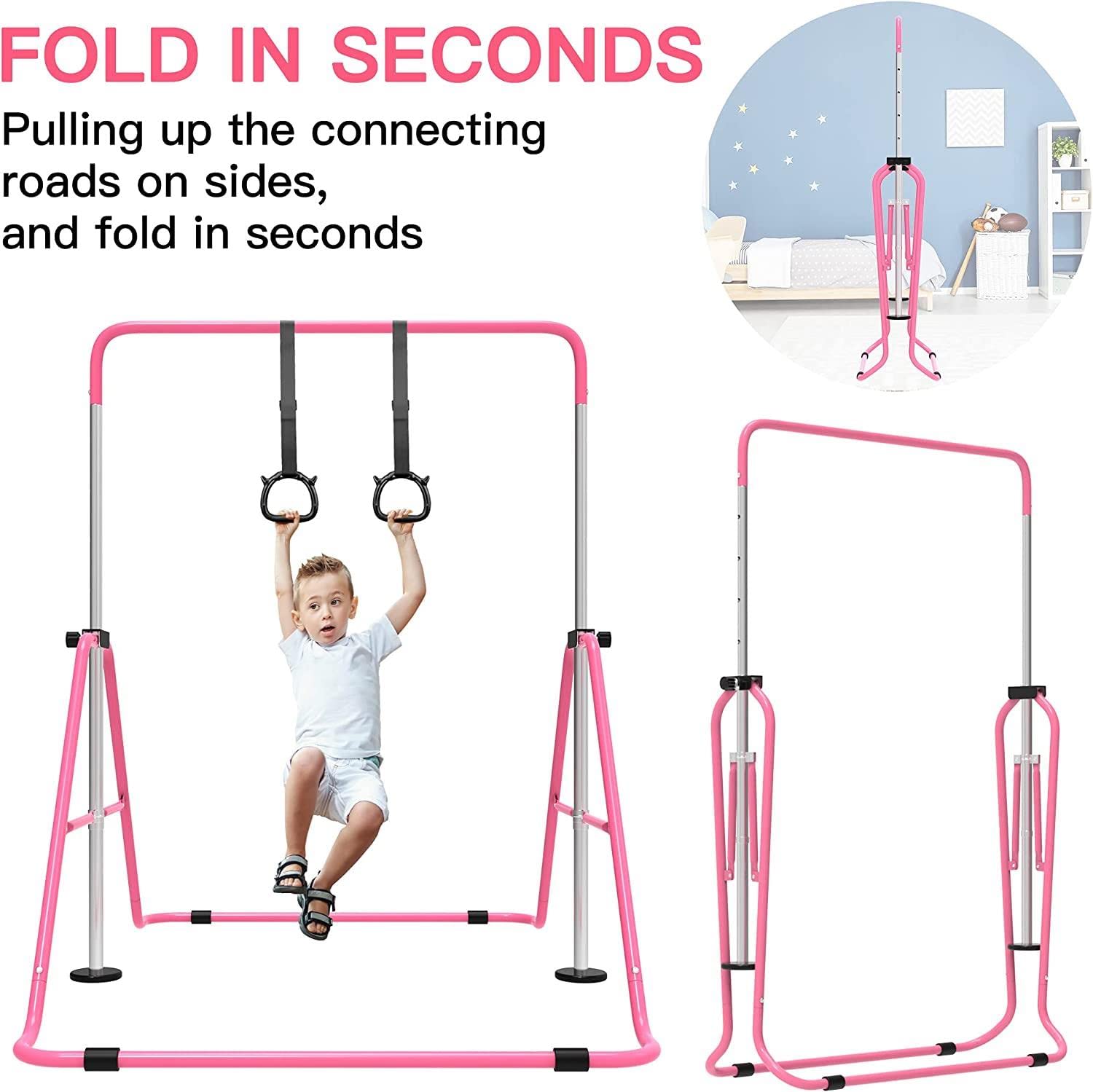 EVERYMILE Gymnastics Bars, Junior Training Kip Bar Gymnastics Equipment for Home,Adjustable Height Folding Gymnastic Horizontal Bars Monkey Bar with Gymnastics Rings for Kid Gymnasts, Child, Girl, Boy