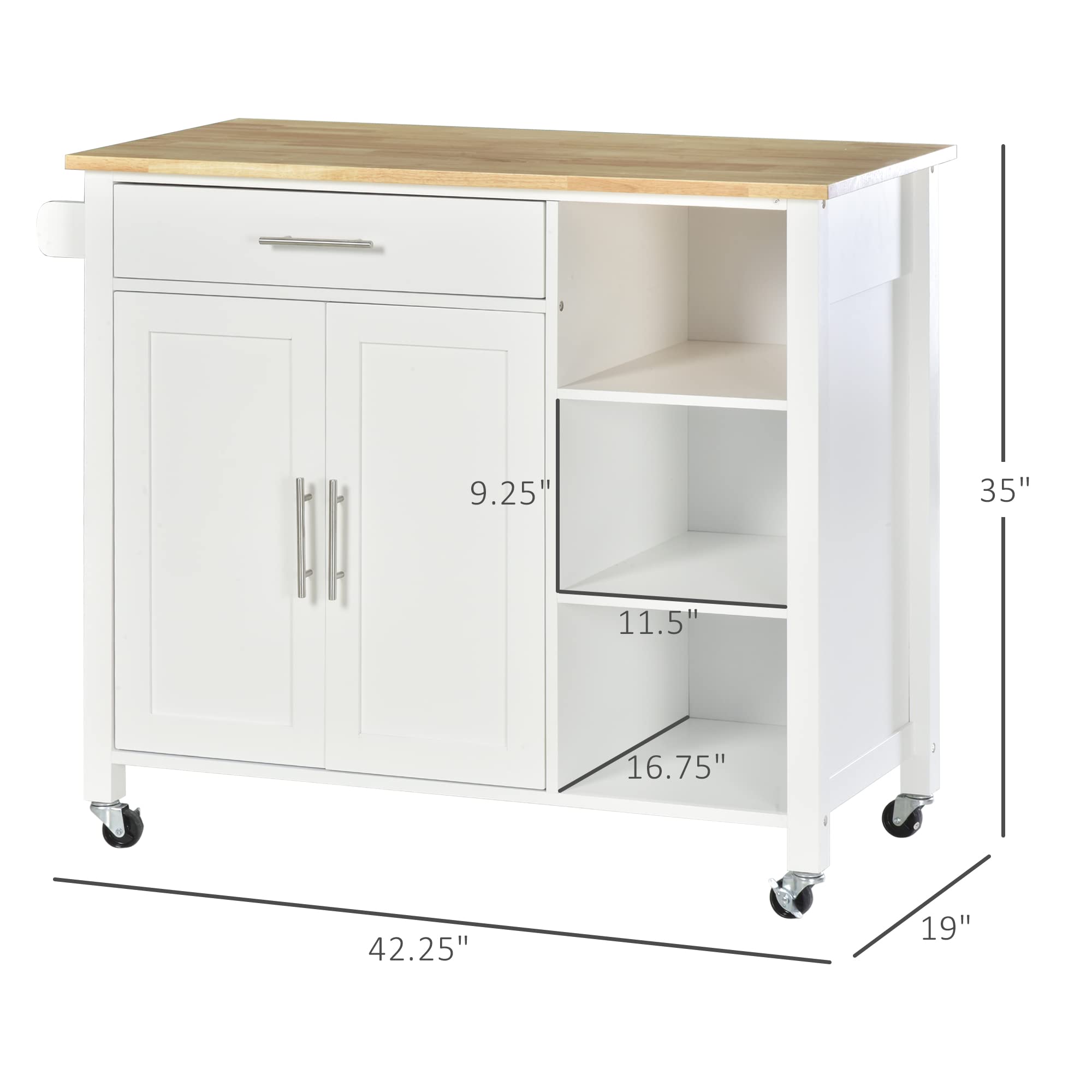 HOMCOM Wooden Rolling Kitchen Island on Wheels, Kitchen Cart with Drawer for Dining Room, White