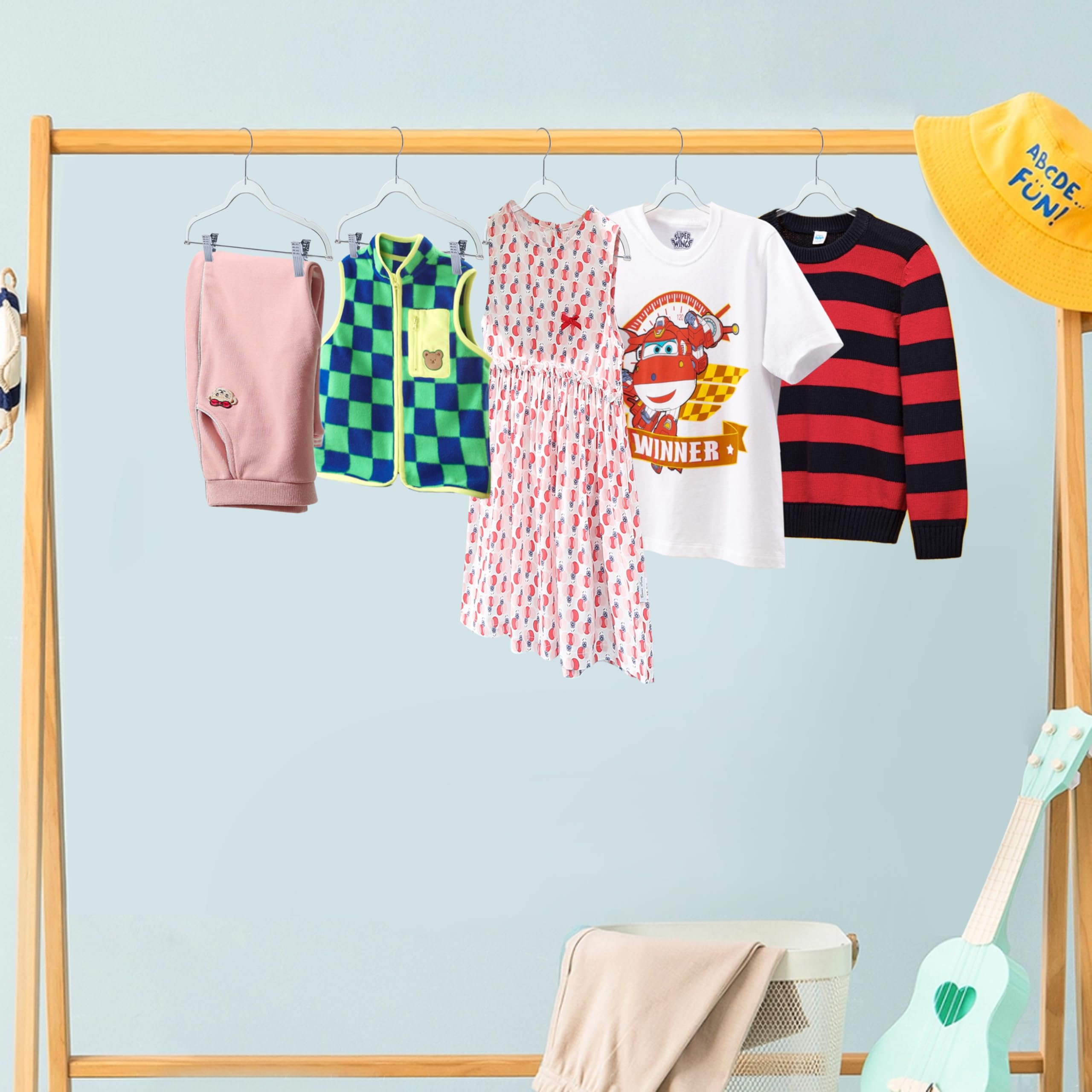 Quality Clear Kids Pants Hangers with Clips 20 Pack | Heavy Duty Skirt Hangers with Swivel Hook and Notches | Space Saving Kids Clip Hangers for Pants | 13.7 Inch (20, Clear)