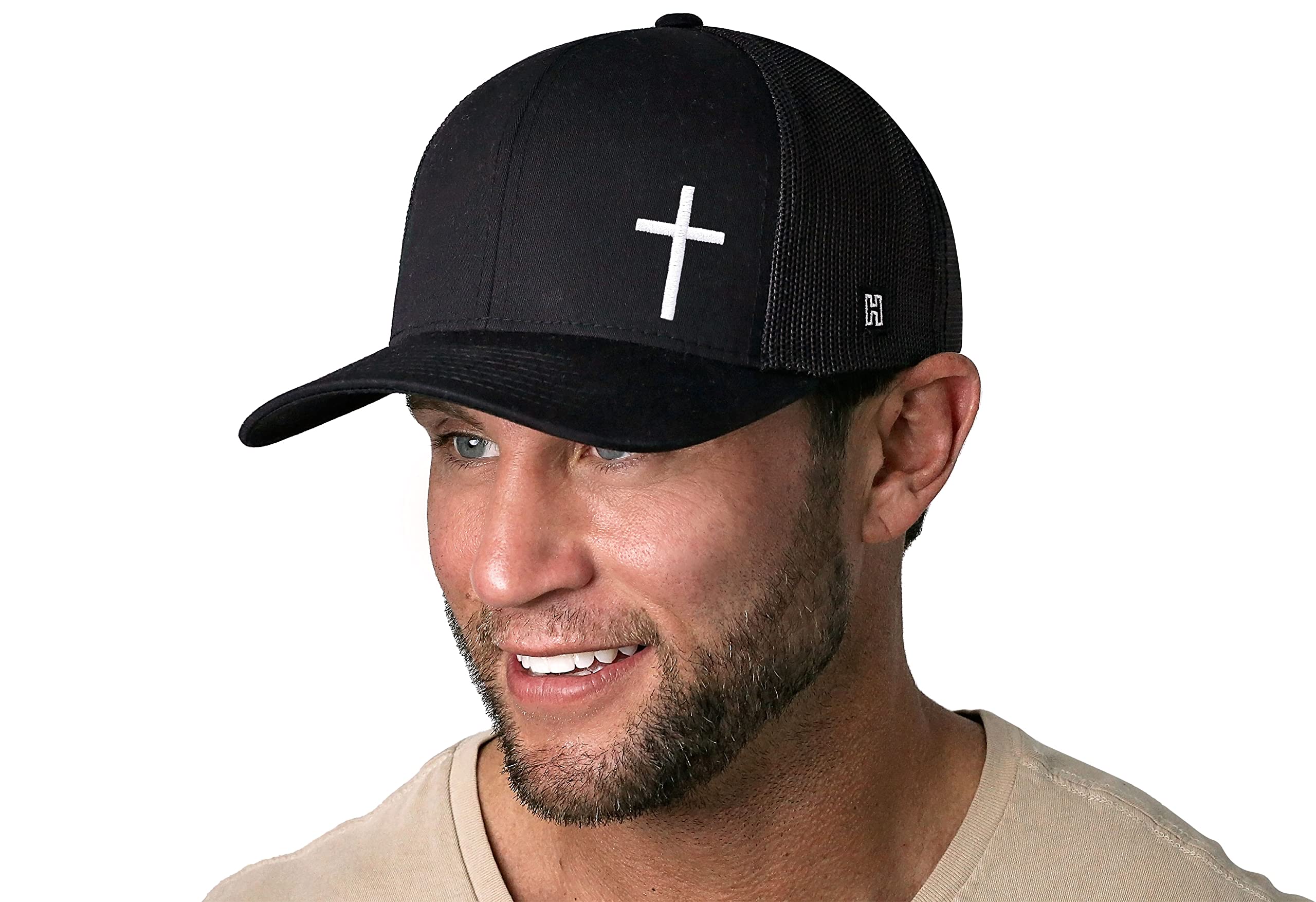 HAKA Embroidered Cross Trucker Hat for Men & Women, Black Baseball Cap, Mesh Snapback, Christian Jesus Cross Hat (Black)
