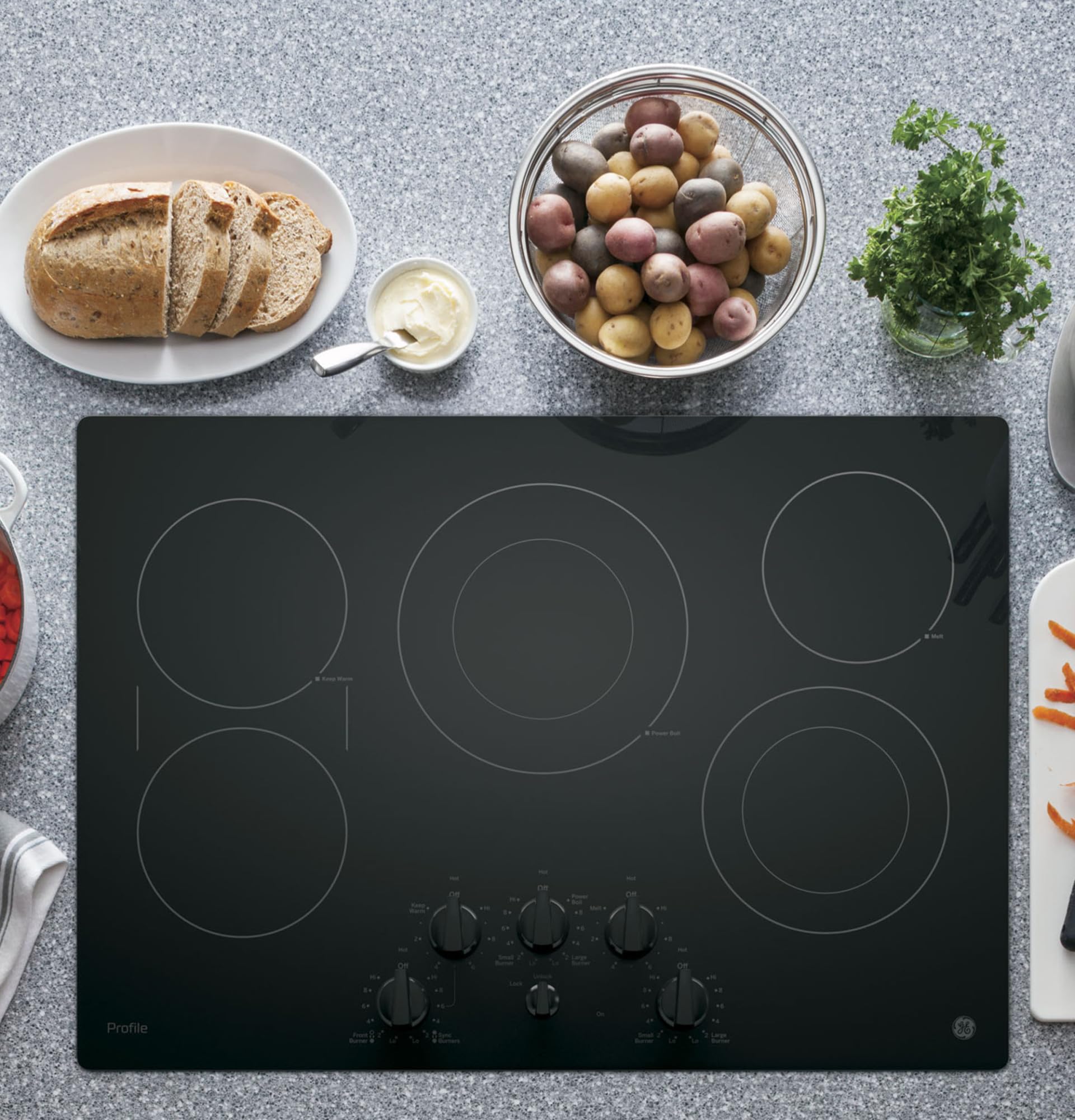 GE PP7030DJBB 30 Inch Electric Cooktop with 5 Radiant, Bridge SyncBurners, 9/6 Inch Power Boil Element, Keep Warm Setting, Red LED Backlit Knobs, ADA Compliant Fits Guarantee
