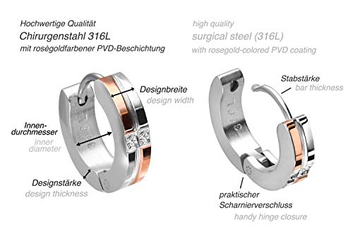 FILANGO surgical steel 316L hoop earrings with ROSEGOLD-COLORED STRIPS + 2 CRYSTALS