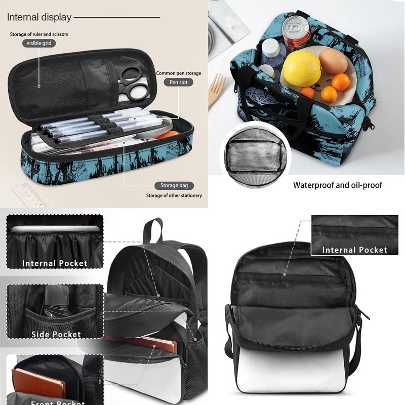 gearider Blue Viking Celtic Knot Wolf Backpack with Lunch Box Set anda Pencil Case Messager Bag Child Bookbag
