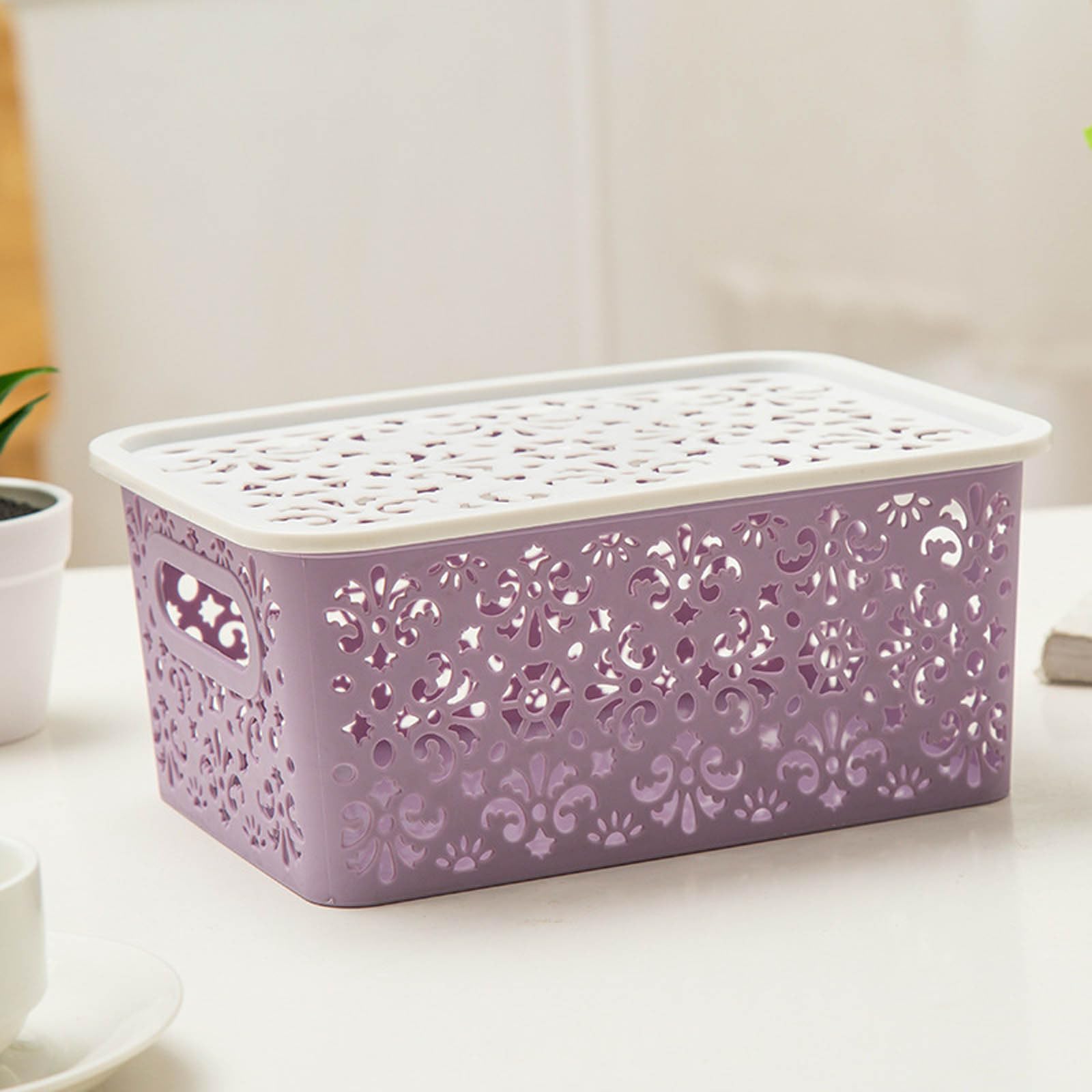 hhseyewell Packing Cubes for Moving Stackable Plastic Storage Box Hollow Out Delicate Retro Pattern Storage Basket With Lid For Clothes Cosmetics Papers Toys Basement Storage Purple