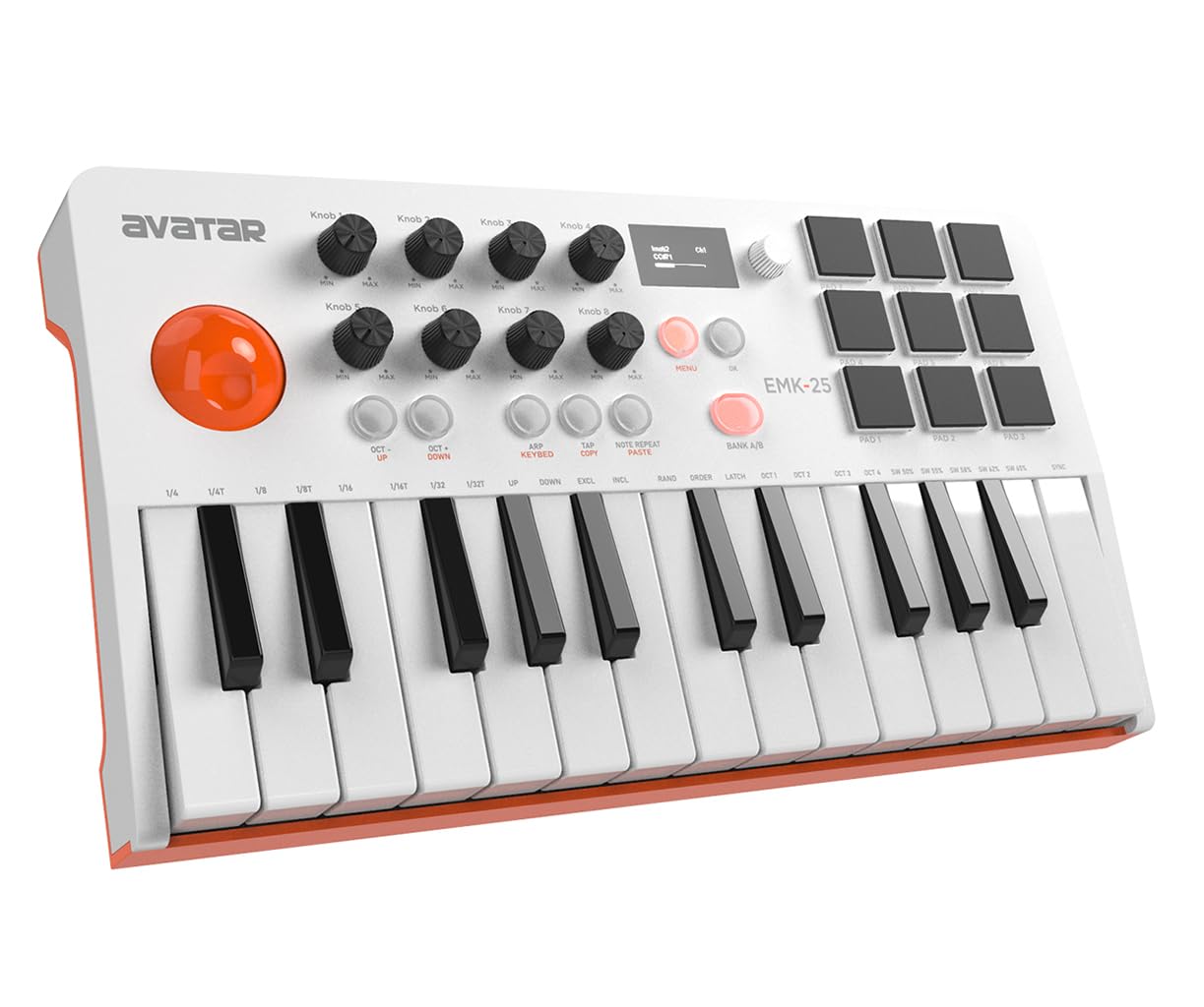 HXW USB MIDI Keyboard Controller With 25 Waterfall Keys, Features BT 5.0, 9 Backlit Drum Pads, 8 Knobs, OLED Display