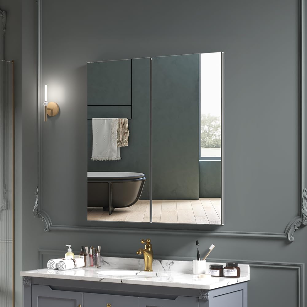 Quavikey Aluminum Medicine Cabinet with 2 Doors Recessed or Surface Mount Bathroom Mirror Cabinets 24x26 Inch, Silver