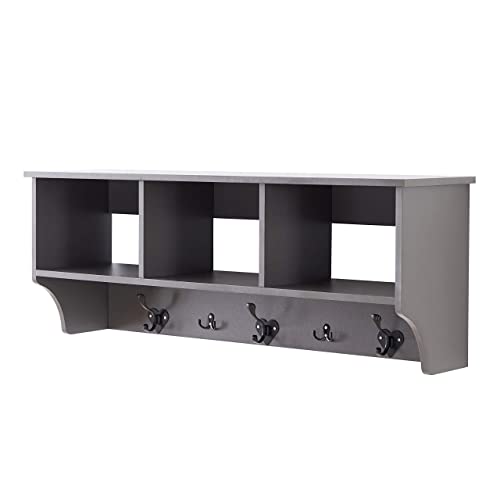 Vanity Art 5 Hooks Wall Mounted Coat Rack with Storage Shelf Wall Hanging Shelf Entryway Organizer for Living Room Bedroom Bathroom Kitchen (Gray) F10003GR-BK