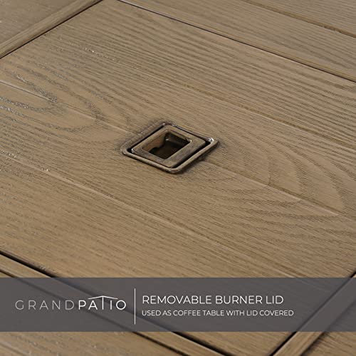Grand Patio 29 Inch Propane fire Pit,Outdoor fire Pit All-Weather Wood Grain Square Stainless Steel smokeless firepit Table with Sling Base, Light Brown Tabletop/Square