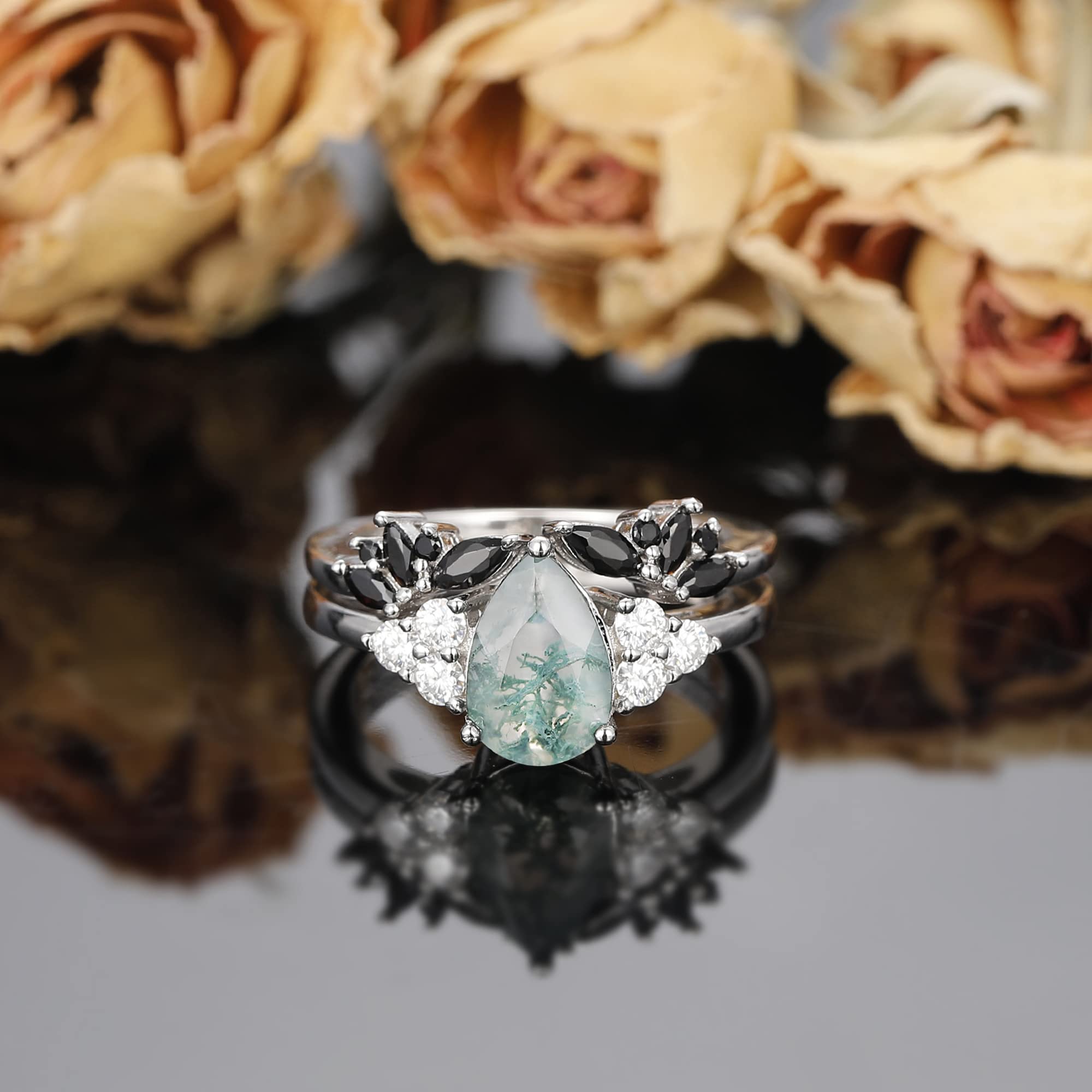 IRROYA 6x9mm Natural Pear Cut Moss Agate Bridal Ring Set,Cluster Genuine Moissanite Engagement Ring,V Shaped Open Ring Band, Sterling Silver Platinum, moss agate