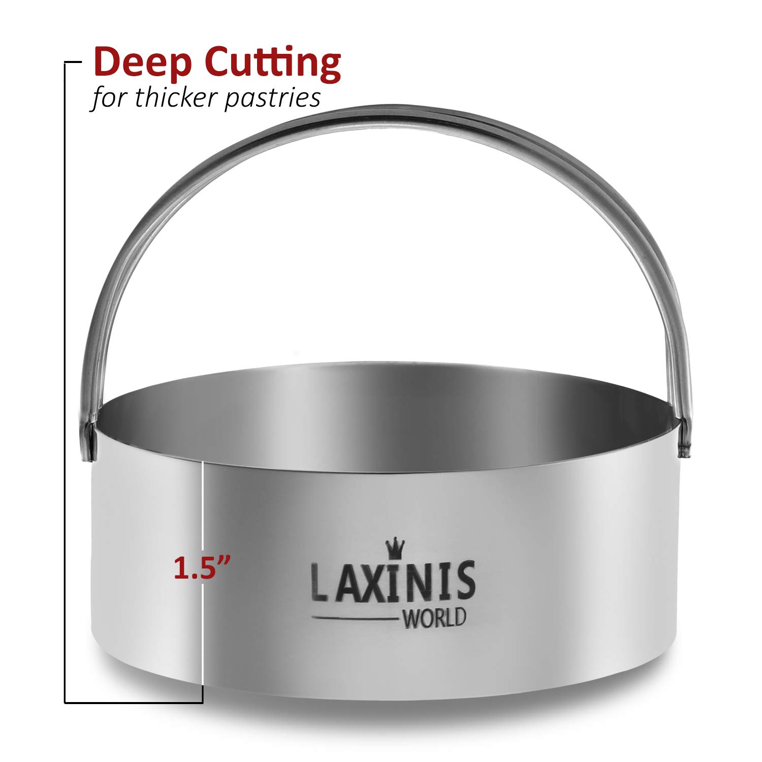 Laxinis World Biscuit Cutter Set, 5 Pieces Round Cookies Cutters with Handle, 18/8 Stainless Steel Graduated Circle Pastry and Dough Cutters