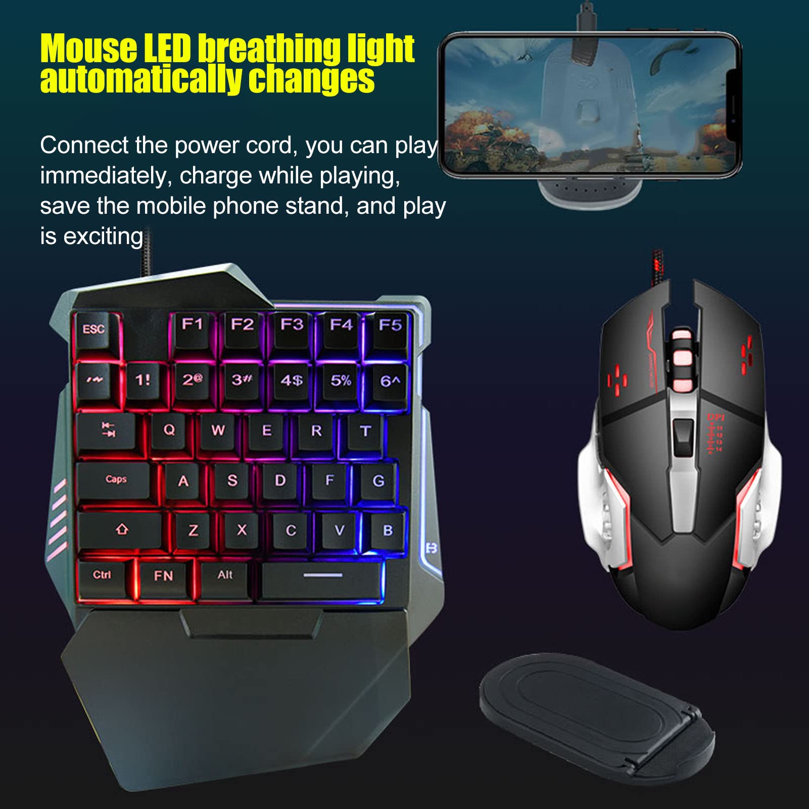 One Handed Gaming Keyboard Mouse Combo, 35 Keys Wired RGB Backlit Keyboard, 6 Keys Gaming Mouse, Dual USB Keyboard Mouse Set with Converter and Bracket