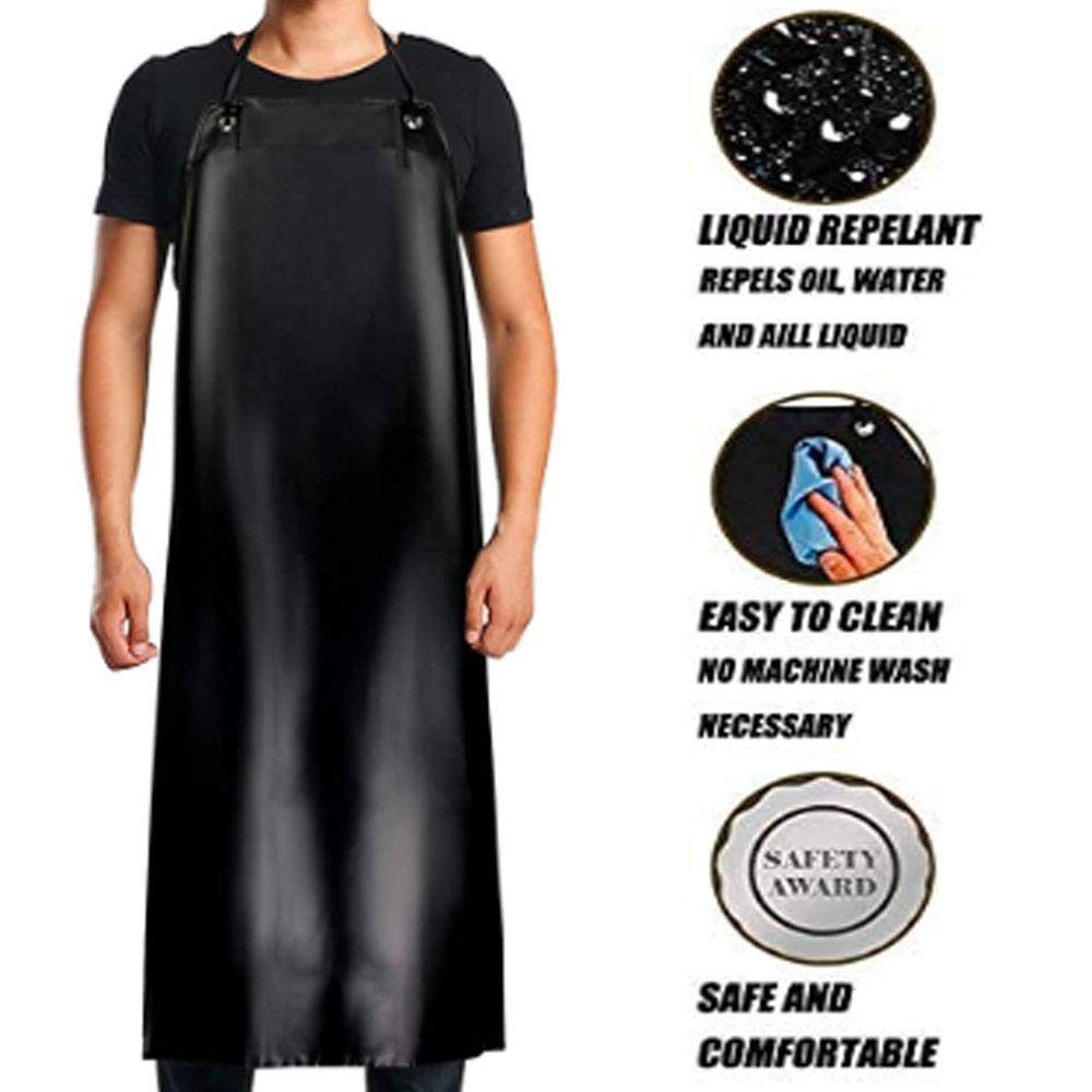 Lchkrep Waterproof Rubber Vinyl Apron Adjustable -43"x29" - Stay Dry - Ultra Lightweight Industrial Long Aprons for Dishwashing Work Butcher Cleaning Fish (BLACK-1 PACK)