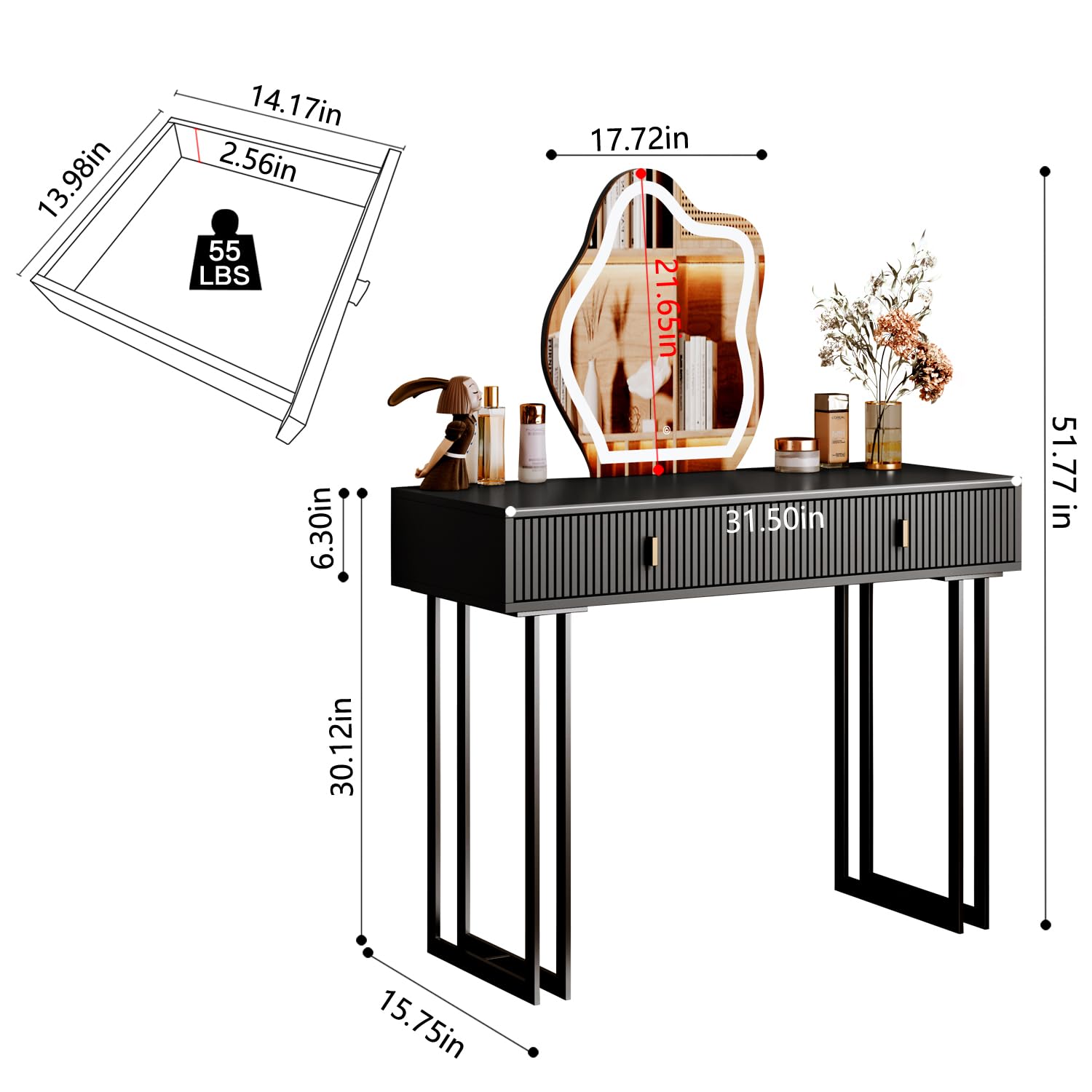 Ieejdn Black Vanity Desk with 3-Color Touch Screen Lighted Mirror, 2 Drawers, Makeup Vanity Table Set with Lights, Dressing Table for Women Girls