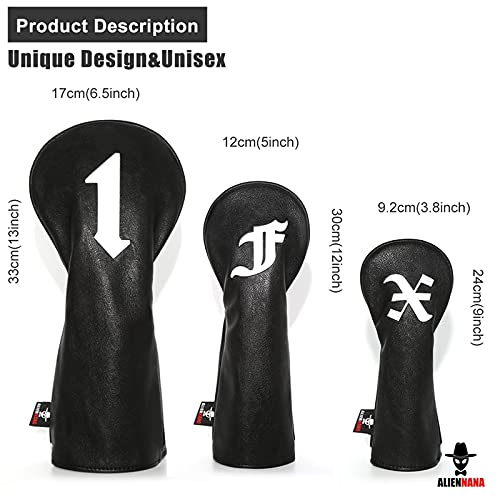 Golf Driver Fairway Hybrid Rescue Wood Club Head Covers Headcovers Set for Woods - Leather Golf Club Protector Case (Black-3pcs(D/F/H))