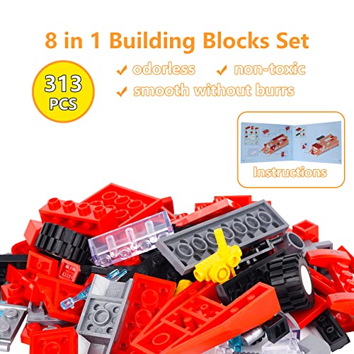 Geniteen 8 in 1 City Fire Truck Building Block, 313 PCS Building Kit Fire Helicopter Toys Building Sets