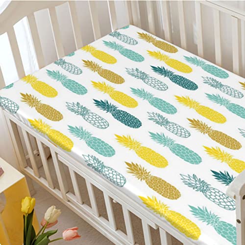 Pineapple Themed Fitted Mini Crib Sheets,Portable Mini Crib Sheets Soft and Breathable Bed Sheets-Baby Sheet for Boys Girls,24โ x38โ,White and Multicolor