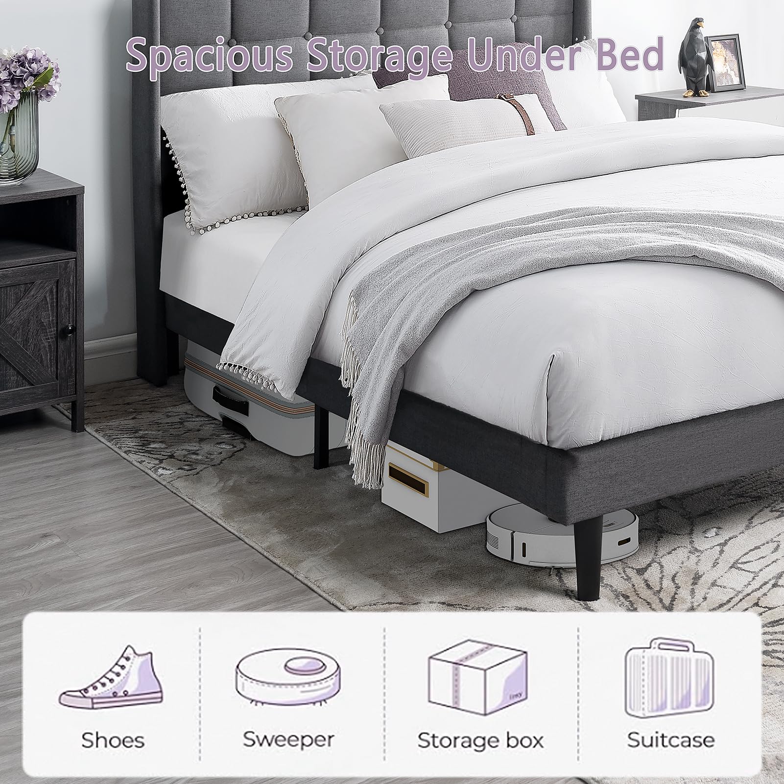 NELGUTA Full Bed Frame Upholstered with Headboard,Bed Frame Platform Linen Fabric Headboard Wooden Slats Support,Easy Assembly No Box Spring Needed Dark Gray(Full)