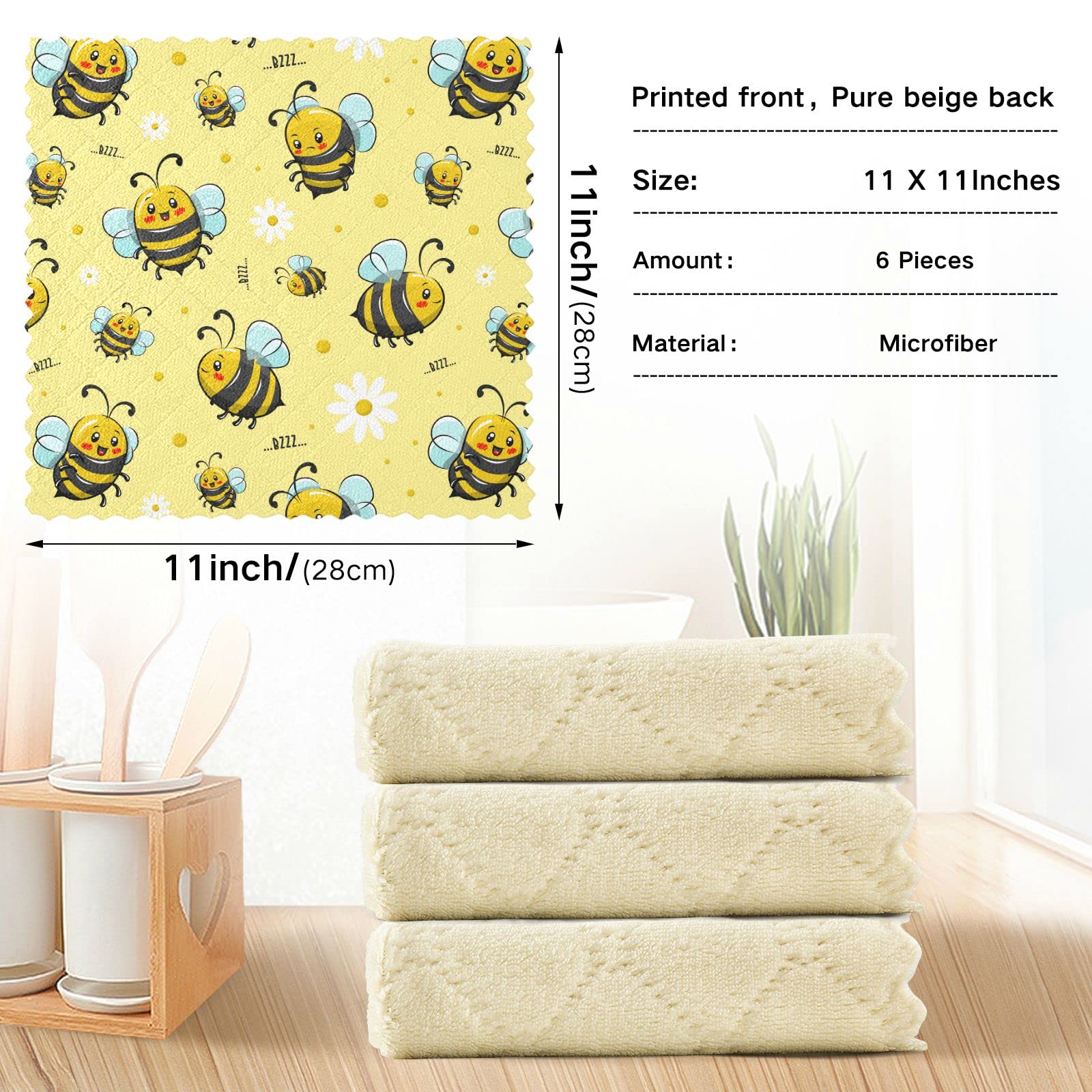 JIPONI 6 Pack Kitchen Dishcloth, Cute Honey Bee Cartoon Absorbent Dish Towels Reusable Soft Cleaning Cloths 11 x 11 inch