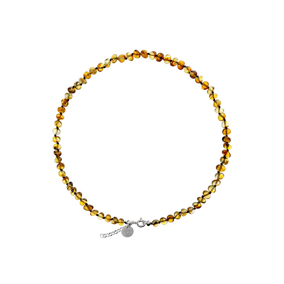 Genuine Amber Necklace for Women - Hand-Assembled Baltic Sea Amber Beads - With Sterling Silver Clasp - 16 inches - Cognac