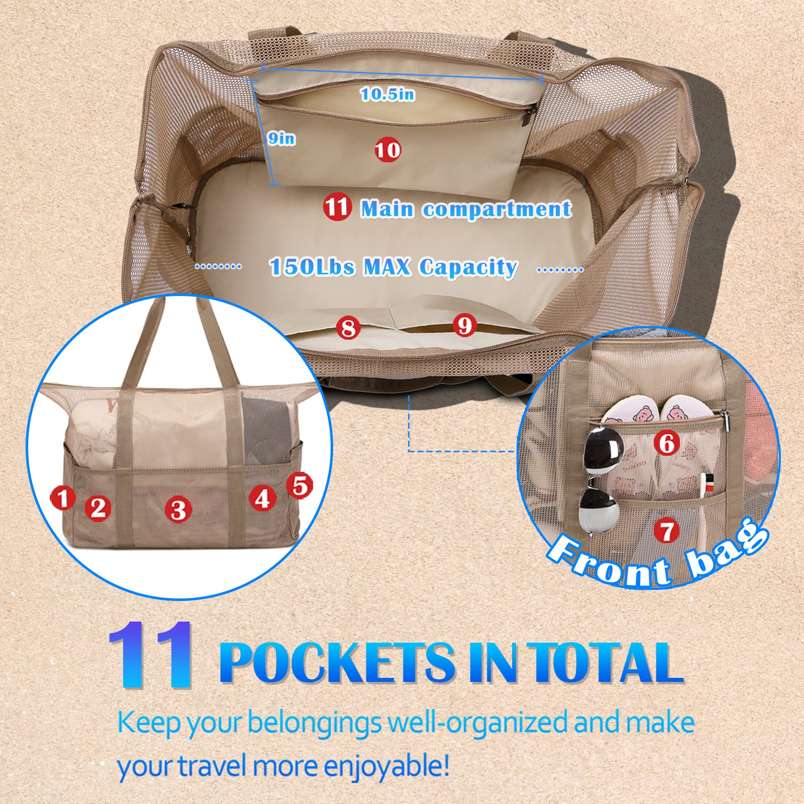 Eslcorri Mesh Beach Tote - Extra Large Beach Bag with 11 Pockets Foldable Tote Bag Womens Shoulder Handbag Oversized Casual Gift Pool Bag Travel Essentials for Swimming Gym Toys Kitchen 24.8x9.4x14.6
