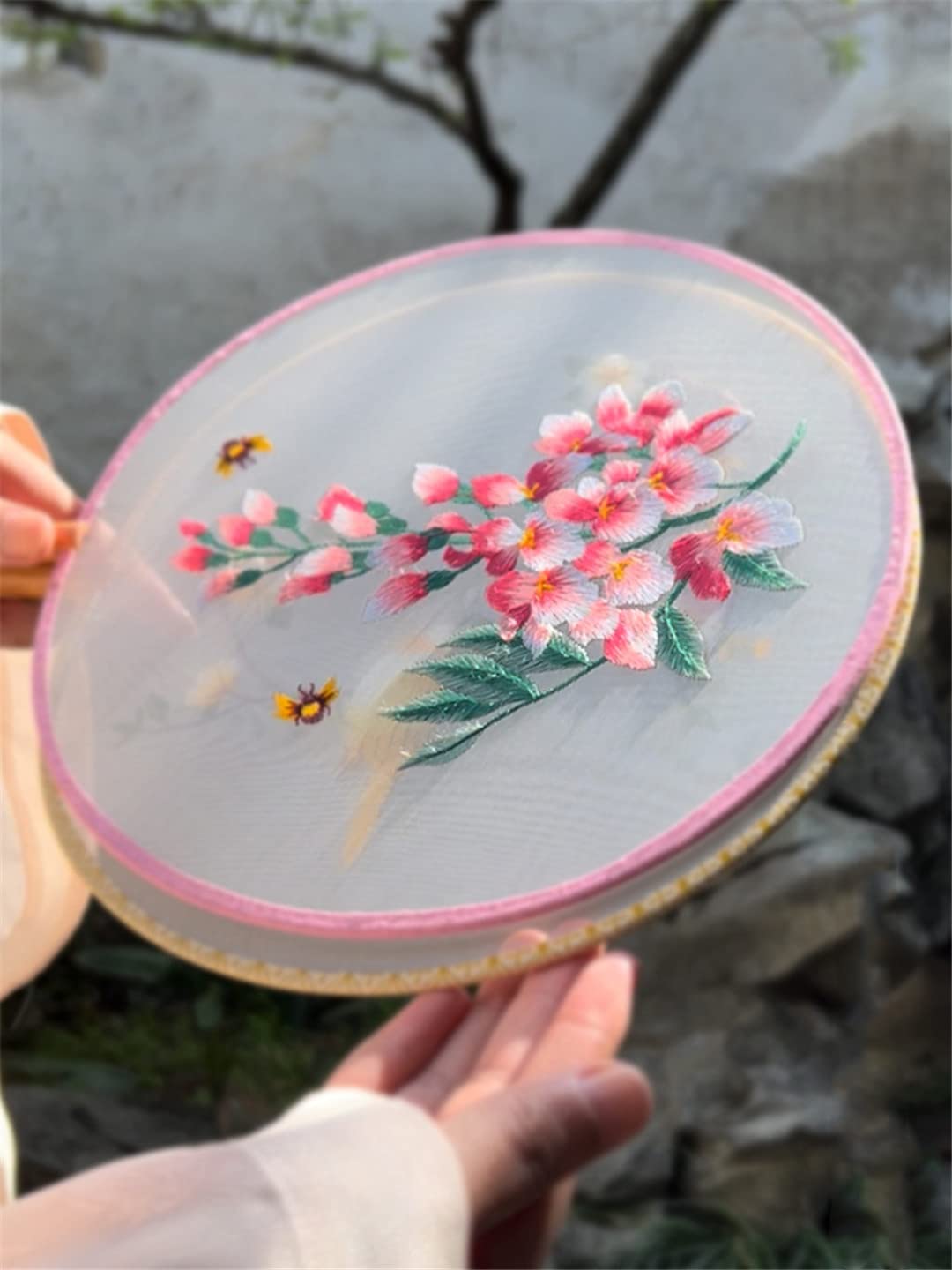 Lmtossey 1PC Women Dancing Embroidery Flower Handheld Fan Vintage Translucent Chinese Style Round Silk Fans New #A