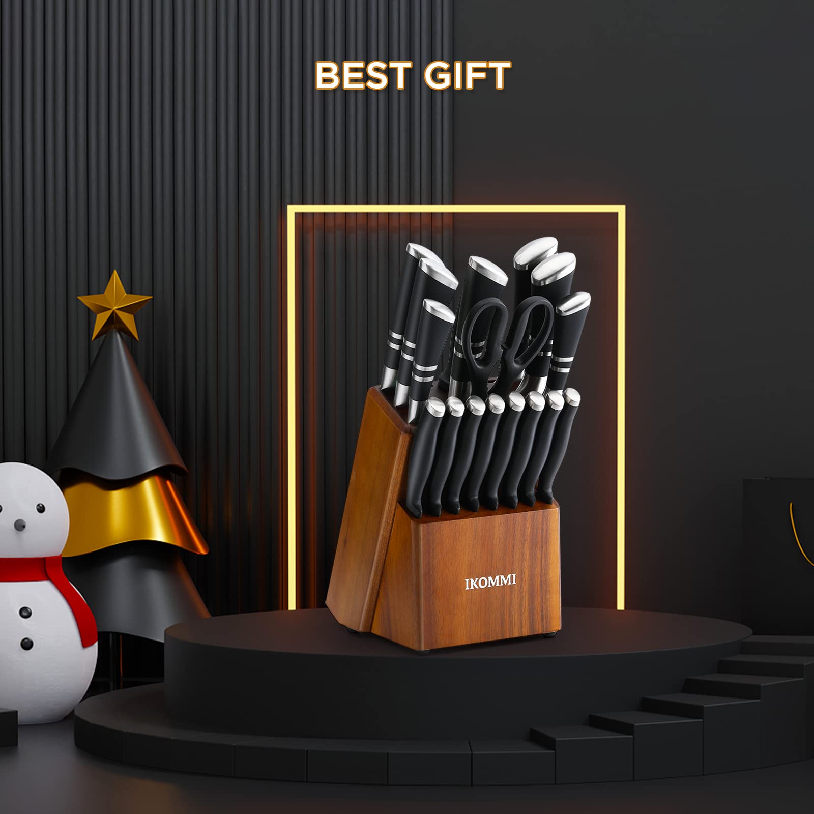 Knife Sets, IKOMMI Knife Set with Block, 23 Piece Chef Knife Set with Block for Kitchen, German High-Carbon Stainless Steel Kitchen Knife Block Set with Sharpener & 8 Steak Knives