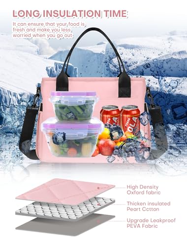 ESMNOAN 13L Large Insulated Lunch Bag, Leak Proof Lunch Box for Women with Bottle Holder & Adjustable Shoulder Strap, Lunch Cooler Bag for Work Picnic Beach, Pink