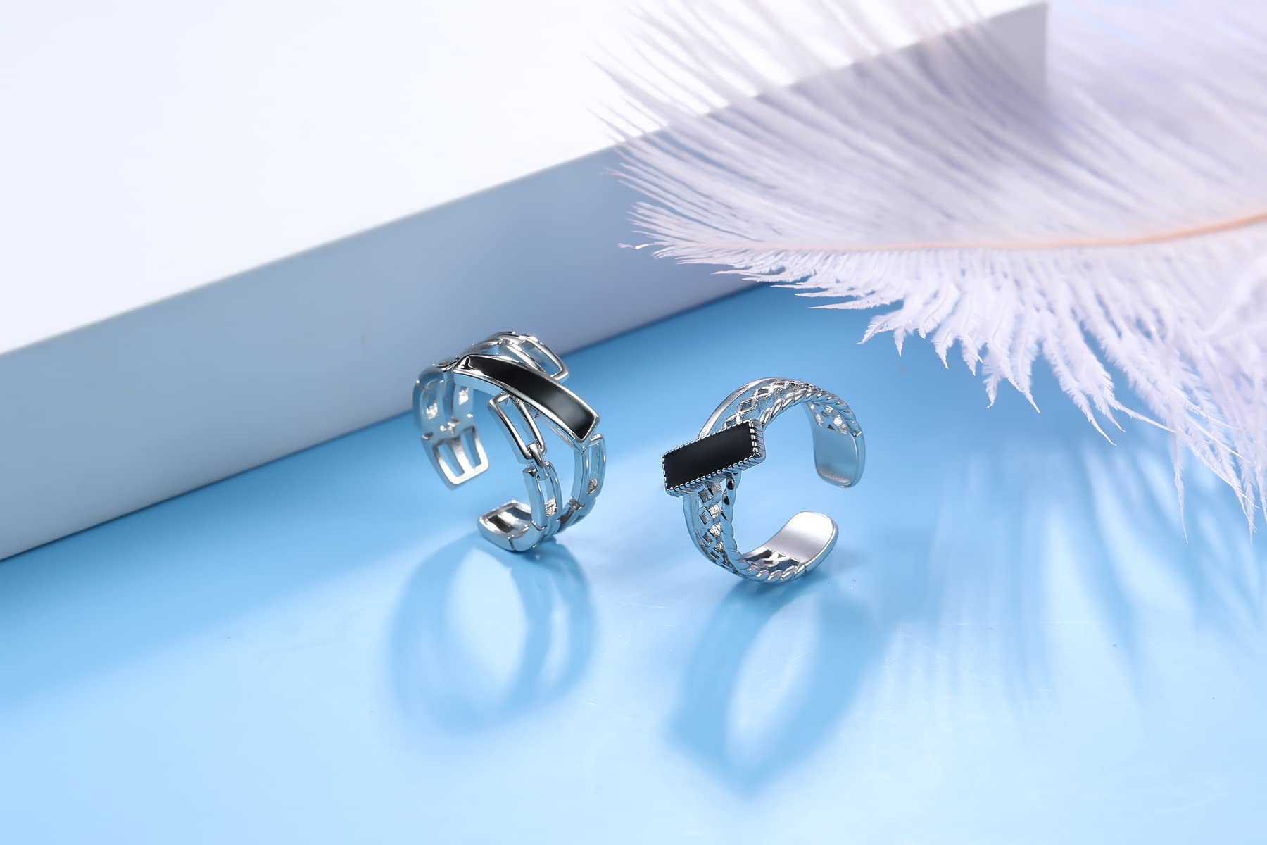 Gbinitail 3Pcs Trendy & Punk Adjustable Ring Set for Women and girls - Platinum-Plated, Stackable, Enamel & Hollow Silver Rings, sizes 5.5 to 7.5