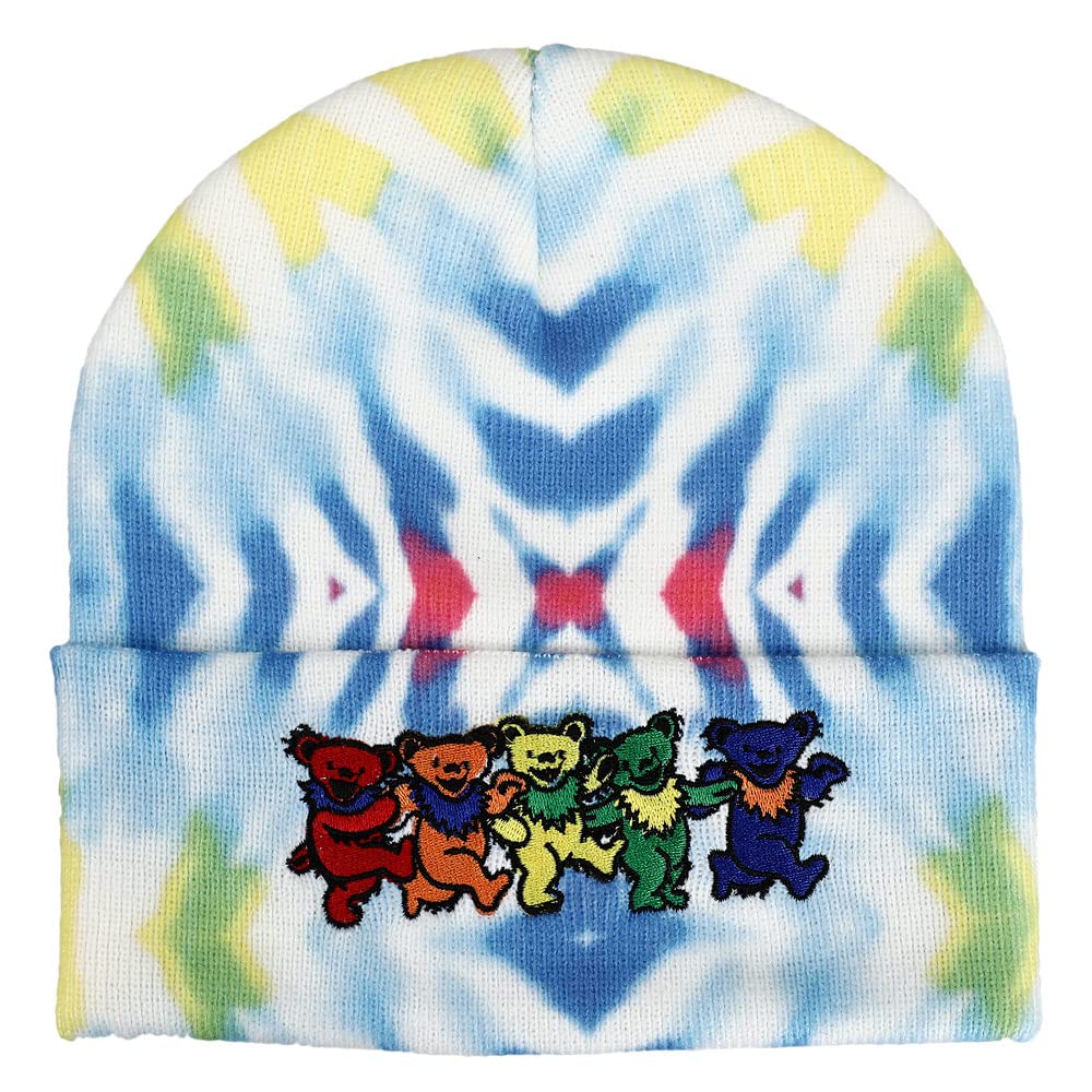Grateful Dead Bears Cuffed Embroidery on Bright Rainbow Tie Dye Knitted Unisex Beanie Hat for Men