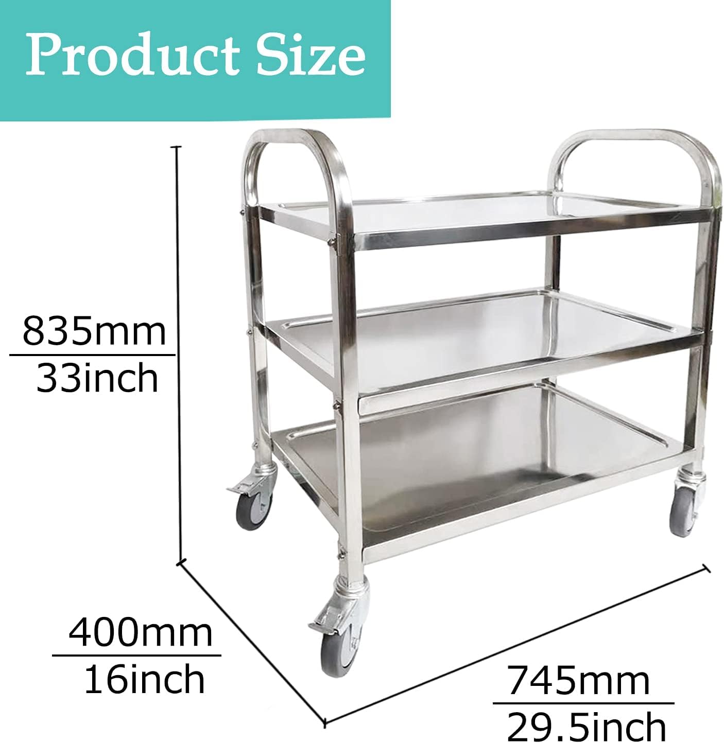 ITINA 3 Tier Stainless Steel Utility Cart with Locking Wheels L29.5× W16× H33inch 330Lbs Total Load Capacity Kitchen Island Trolley Catering Storage Cart for Kitchen Restaurant Hotel Cafe Home