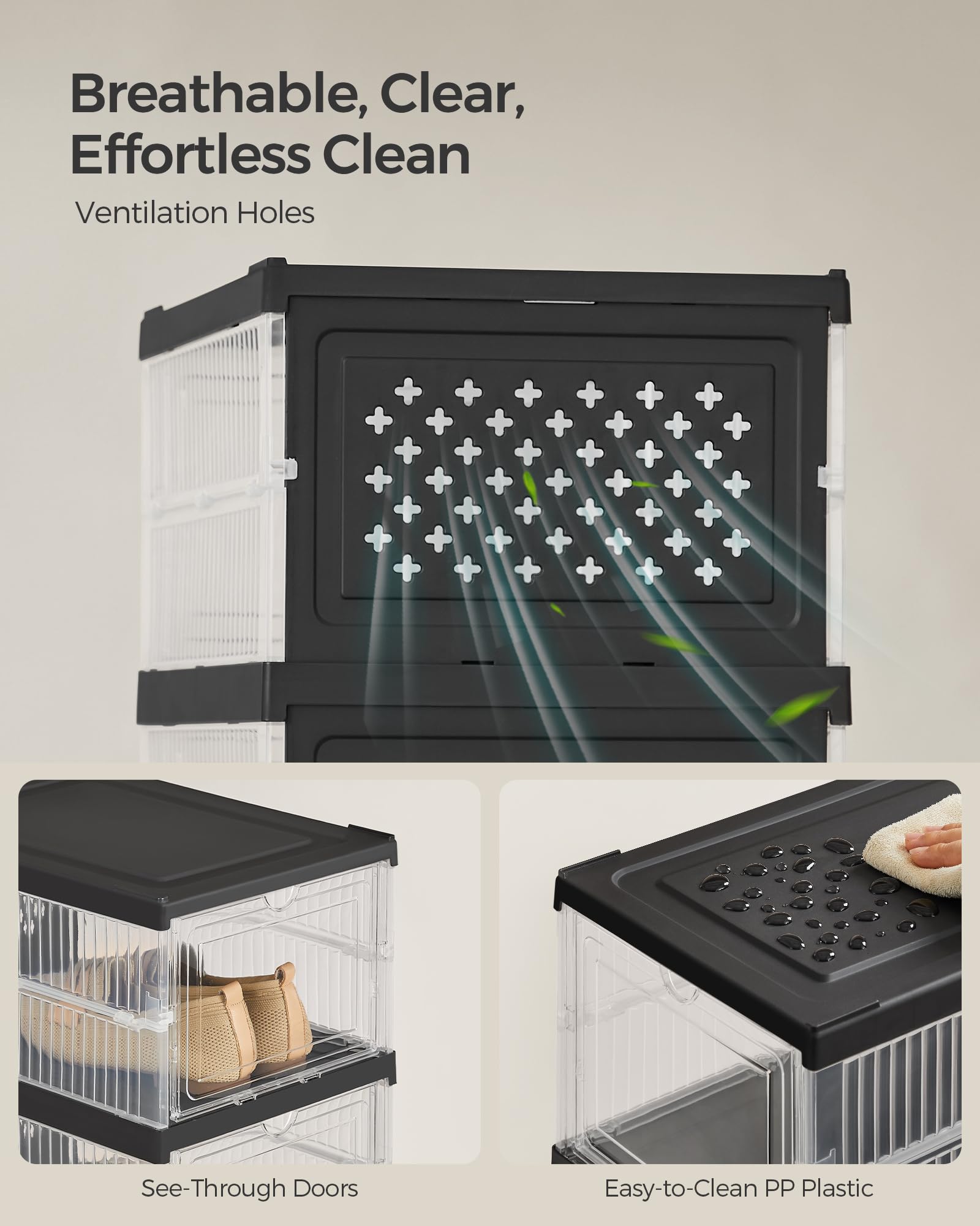 SONGMICS Foldable Shoe Boxes, Pack of 18 Stackable Shoe Storage Organizer, Set of 3 Integraed Shoe Cabinets, Portable, Fit up to US Size 13, 60s Assembly, Transparent and Ink Black ULSP207B01