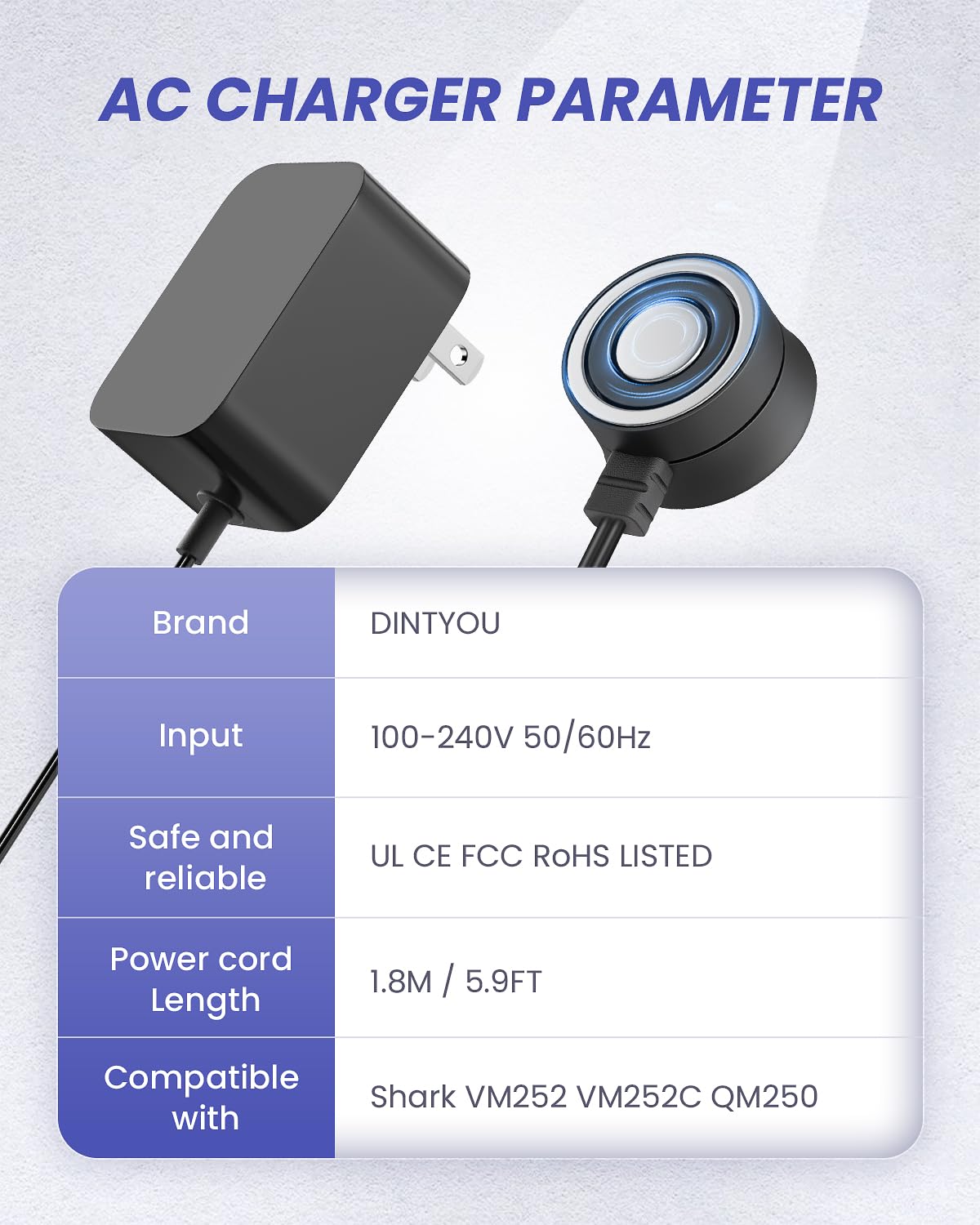 Replacement for Shark VACMOP VM252 VM252C QM252 VM251 VM250 Shark Cordless Hard Floor Vacuum Mop Magnetic Power Cord