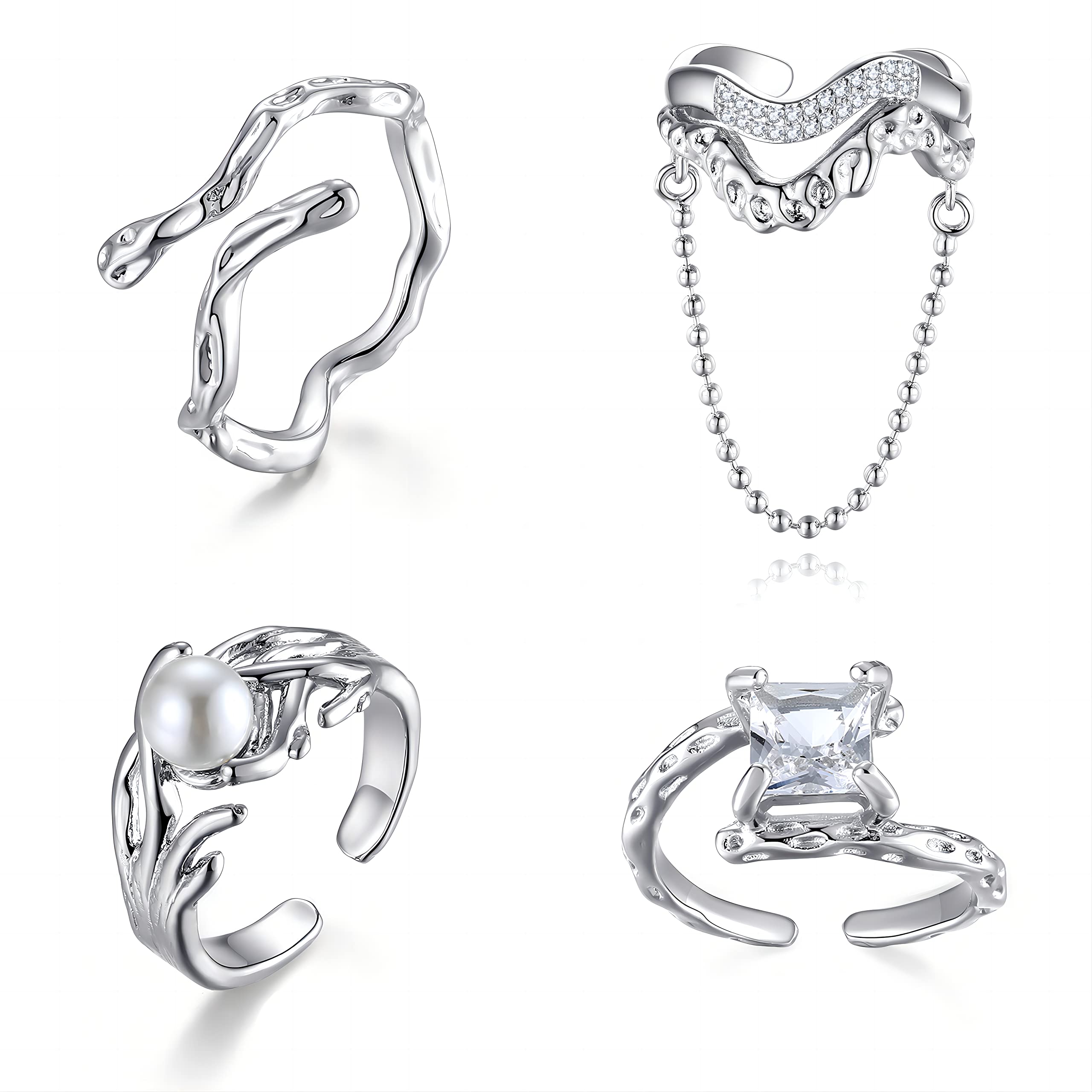 Gbinitail 4Pcs Nature-Inspired Adjustable Silver Ring Set - Platinum-Plated Stackable Rings with Zirconia, Pearl, Twig & Chain Details for a Unique Aesthetic, Size 5.5-7.5