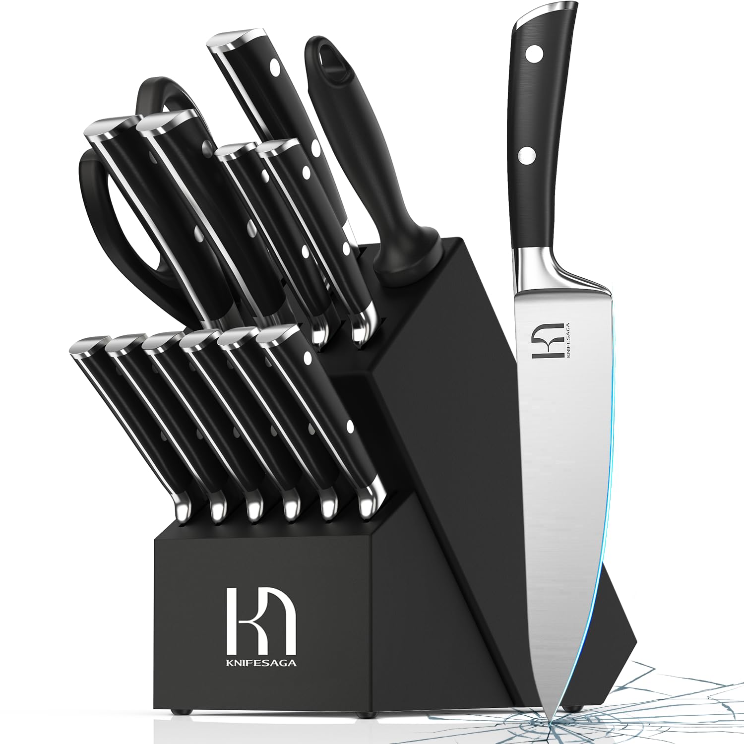 KnifeSaga Kitchen Knife Set, 15 Pcs Knife Block Set, Japanese Knife Sets for Kitchen with Block and Sharpener, Razor-Sharp Premium Knives Sets High Carbon Stainless Steel, Black