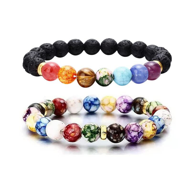 Healing Crystals Bracelet Handmade Natural Gemstones Beads Bracelet Elastic Natural Stone Yoga Beads Bracelet Bangle Gifts (Multicolor,Orange,Red)